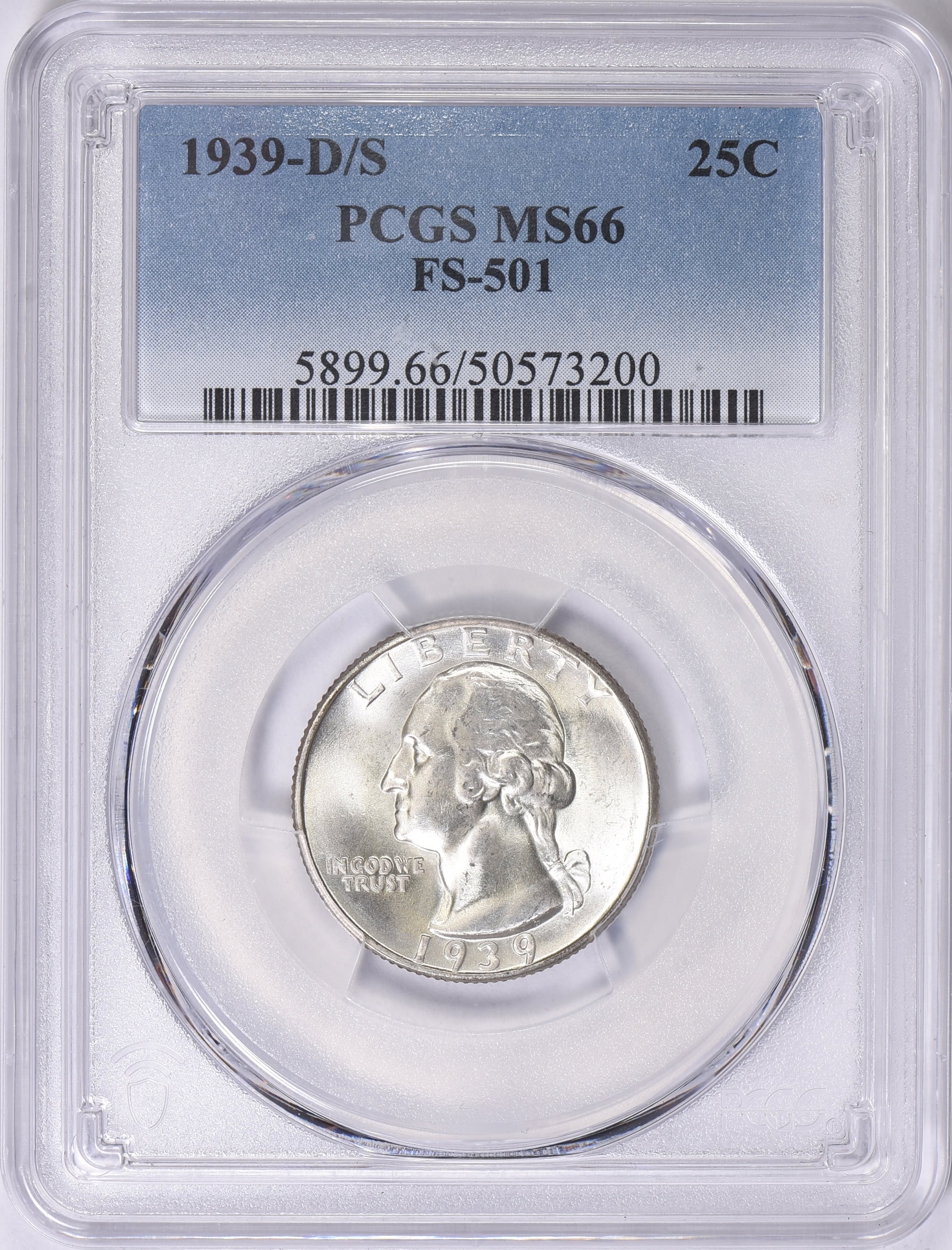 1939-D/S Washington Quarter Over Mintmark FS-501 PCGS MS-66 (Item 1756500) | GreatCollections ...