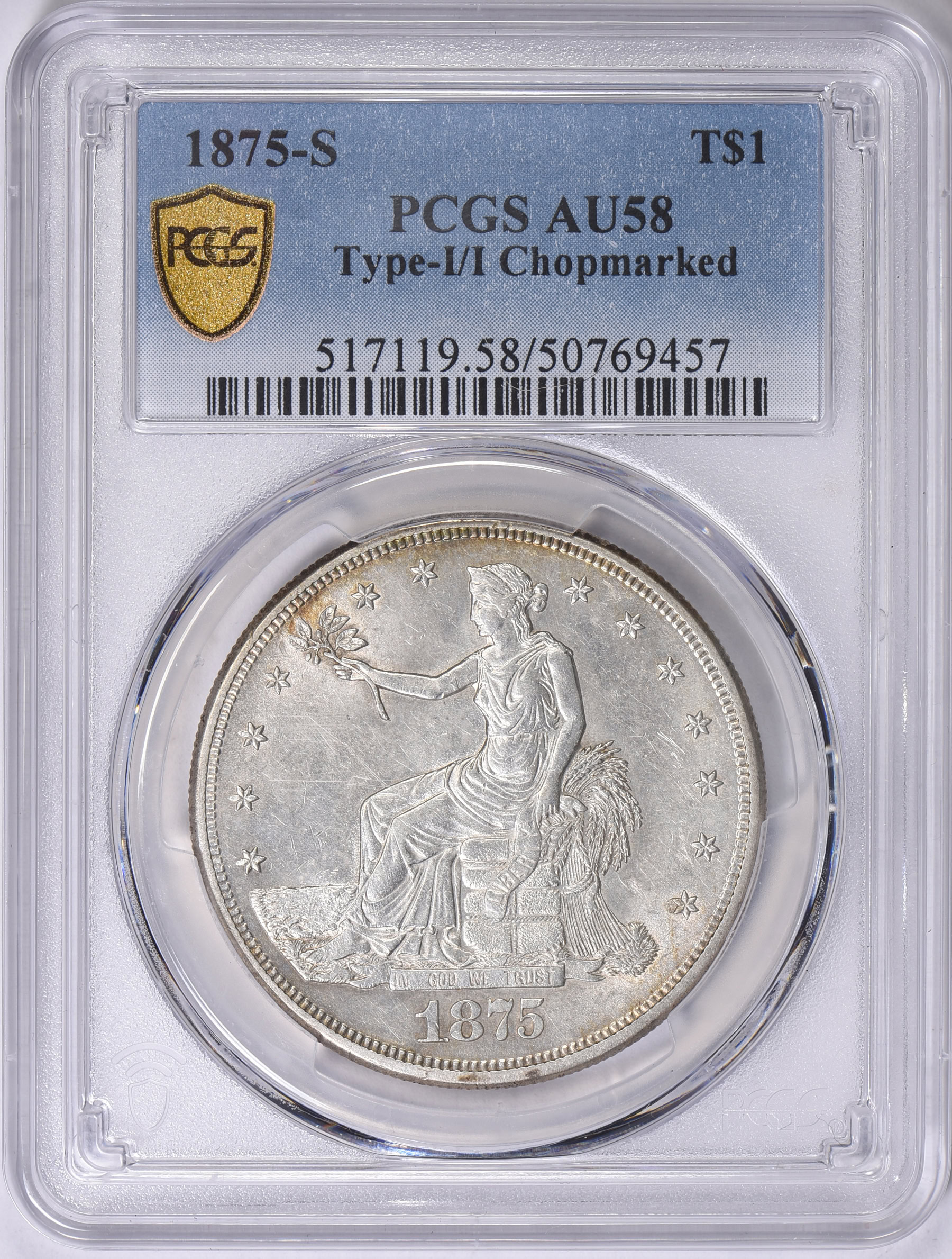 1875-S Trade Silver Dollar Chopmarked Obverse 1, Reverse 1 PCGS AU-58 ...