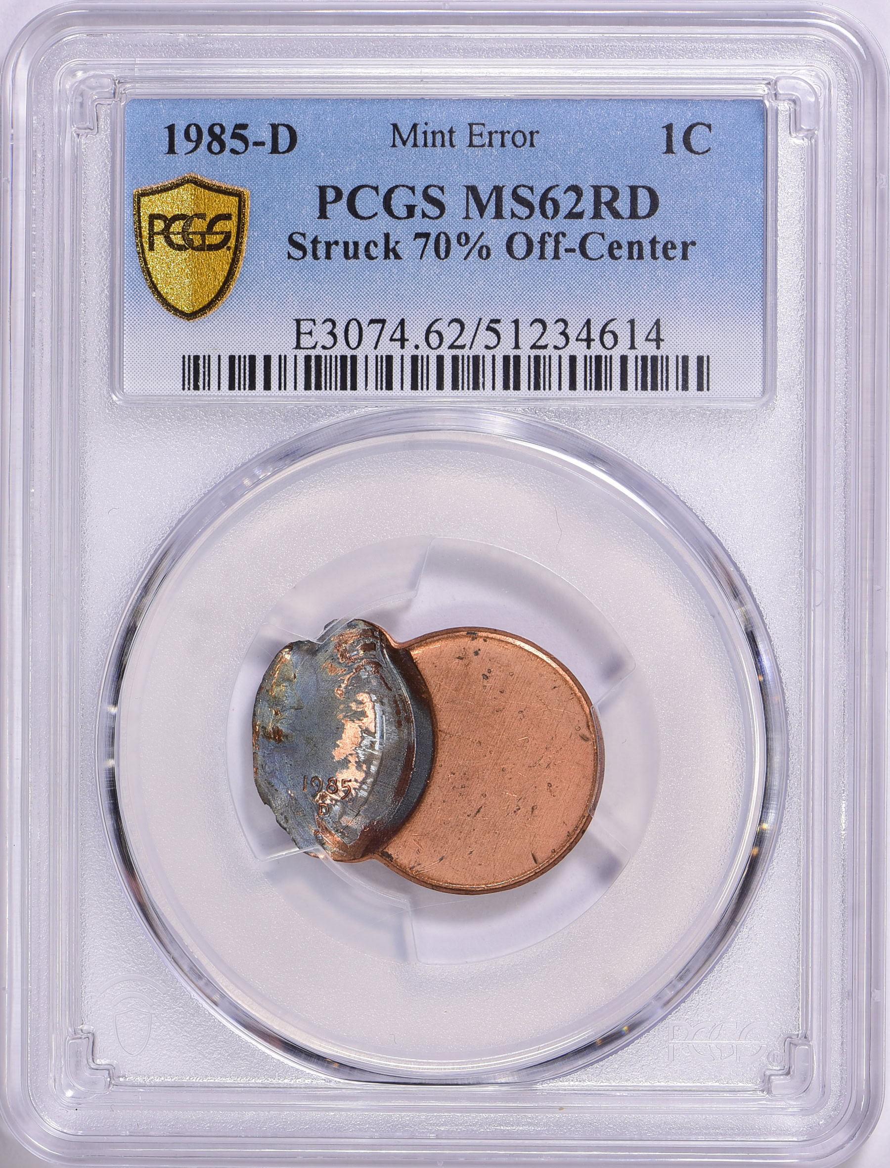 Mint Error 1985-D Lincoln Cent Struck 70% Off Center PCGS MS-62 RD ...