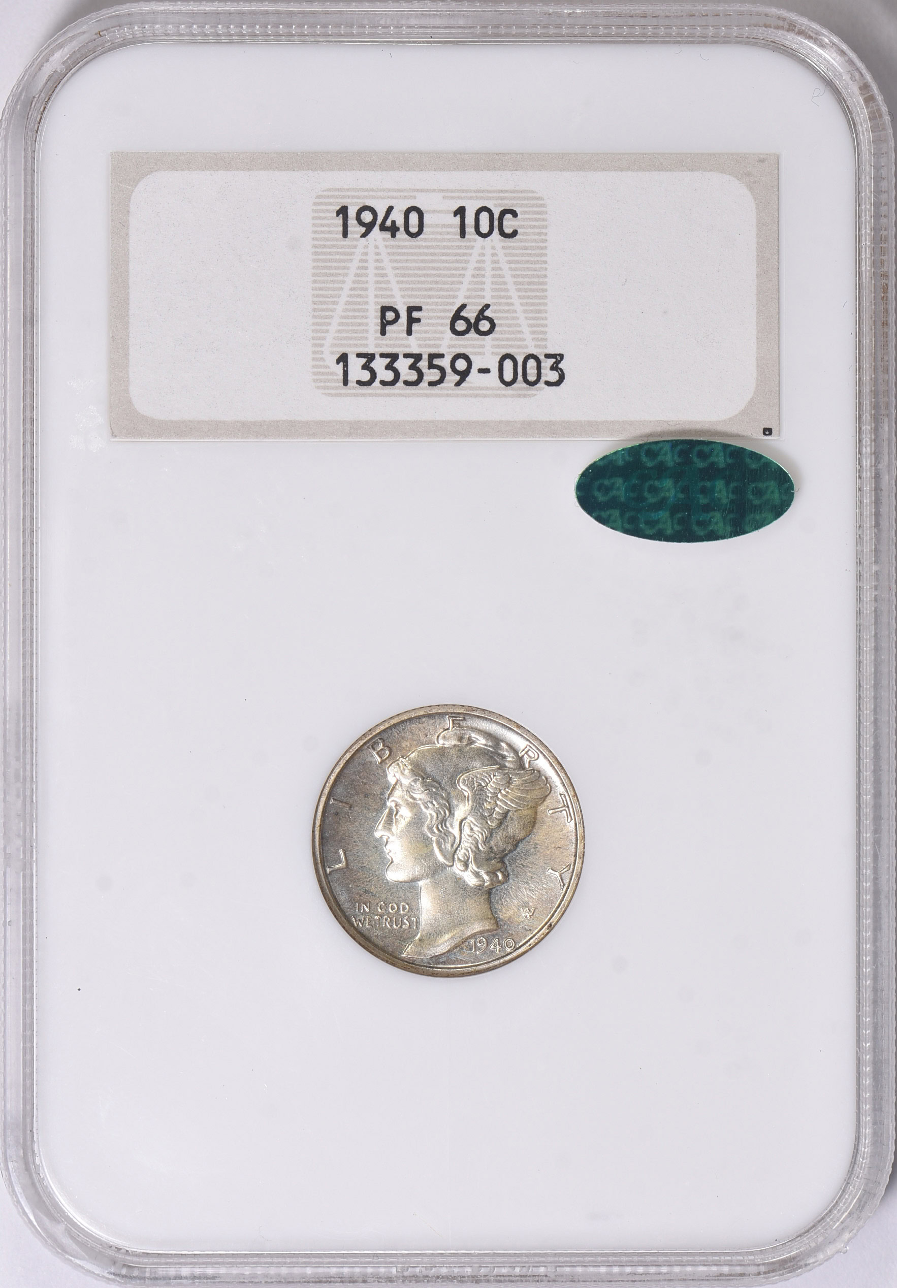1940 Mercury Dime NGC Proof-66 (CAC Green) OH (Toned) (Item 1756565) | GreatCollections Coin ...