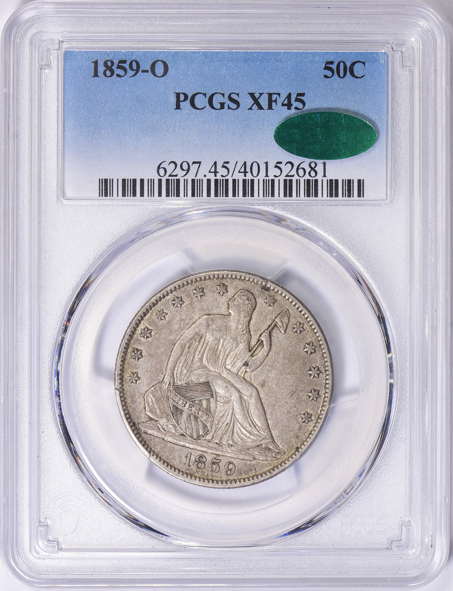 1859-O Seated Liberty Half Dollar PCGS XF-45 (CAC Green) (Item 1756634) | GreatCollections Coin ...