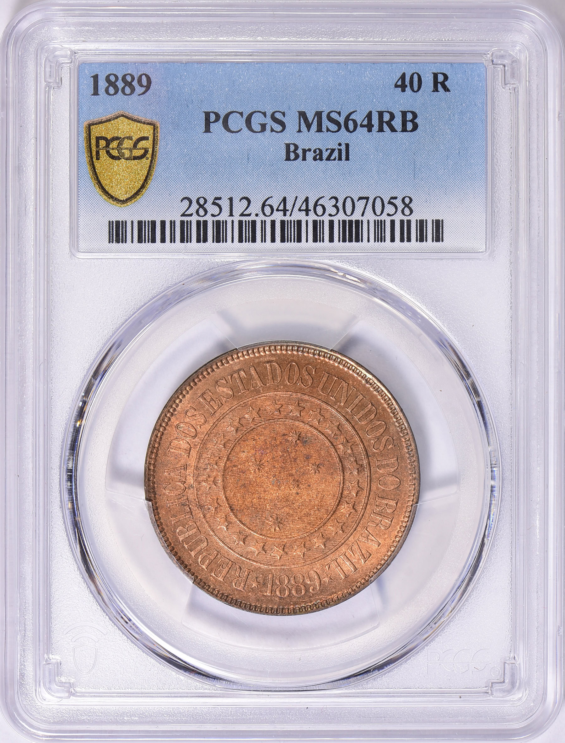 Brazil 1889 40 R PCGS MS-64 RB (Item 1756776) | GreatCollections Coin ...