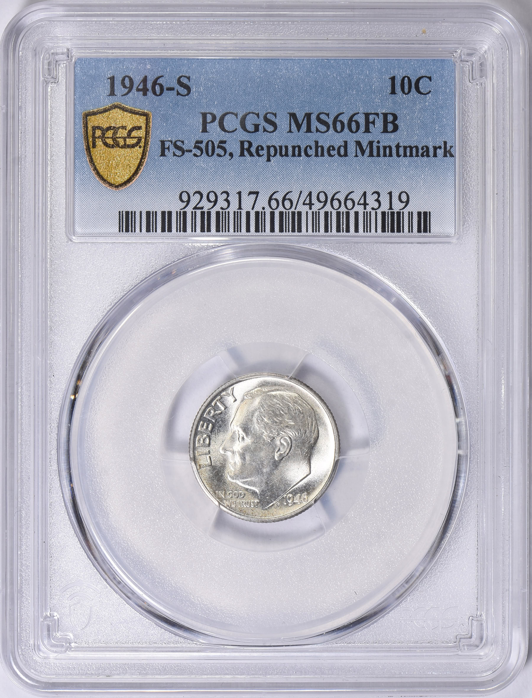 1946-S Roosevelt Dime Repunched Mintmark FS-505 PCGS MS-66 FB | PCGS Cert #49664319 ...