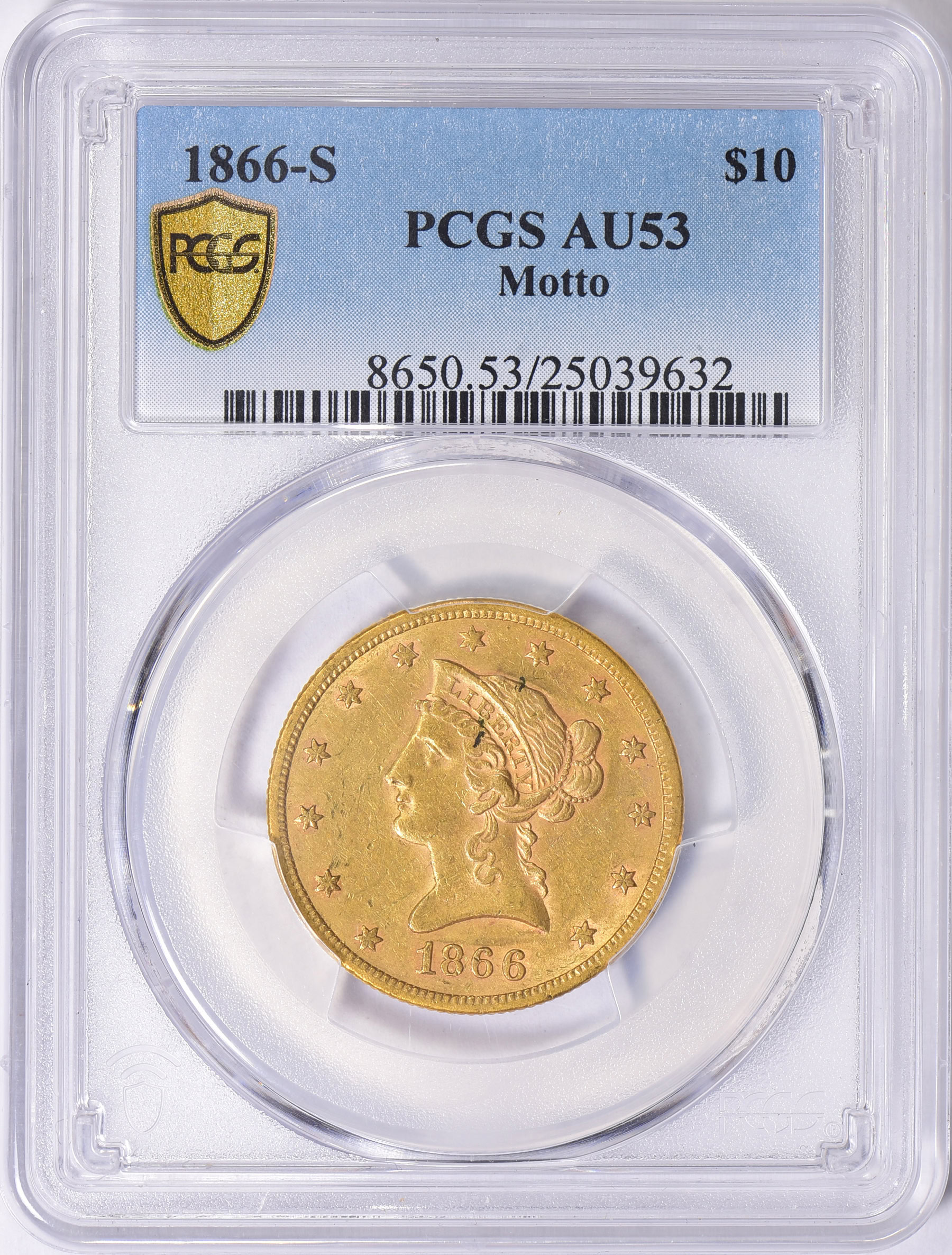 1866-S Liberty Gold Eagle Motto PCGS AU-53 (Item 1756804) | GreatCollections Coin Auctions