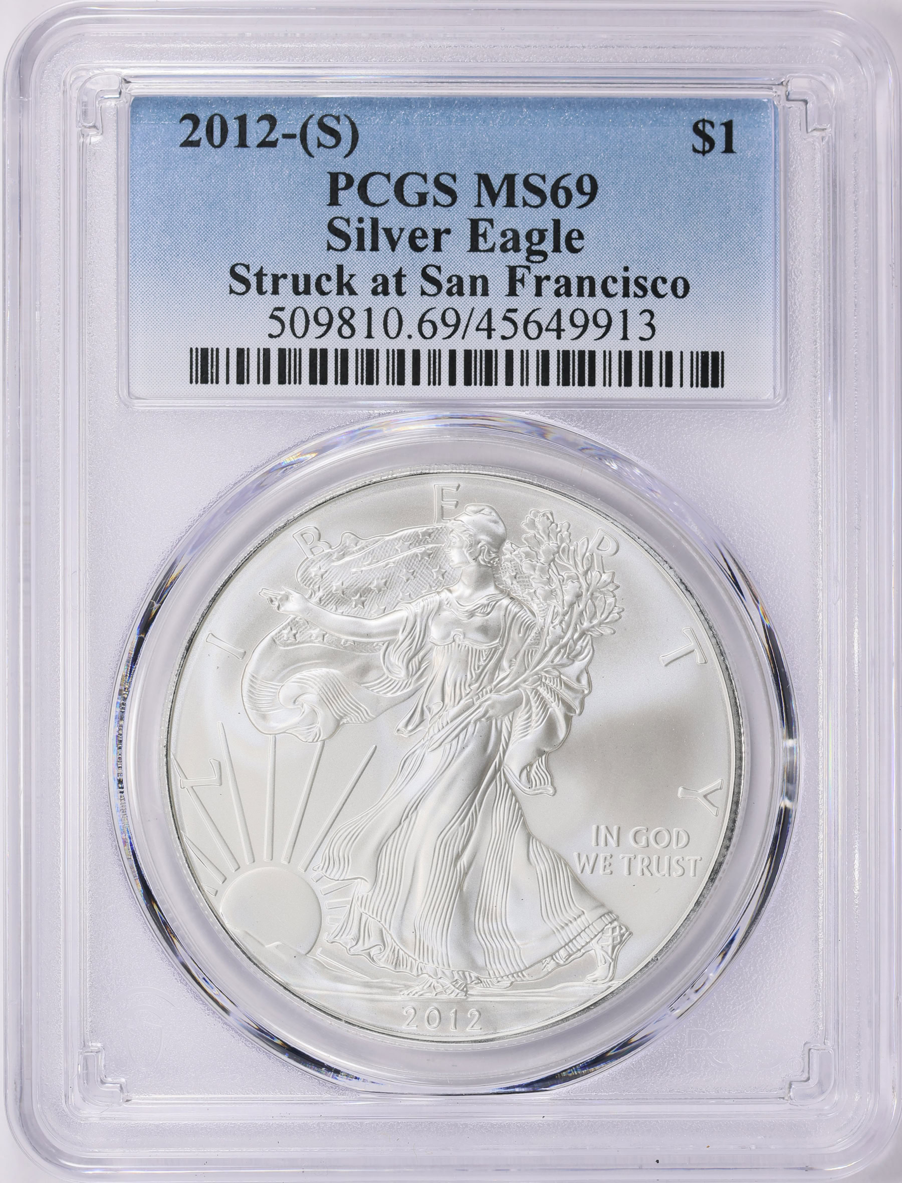 2012-(S) $1 Silver Eagle Struck at San Francisco PCGS MS-69 (Item 1757035) | GreatCollections ...