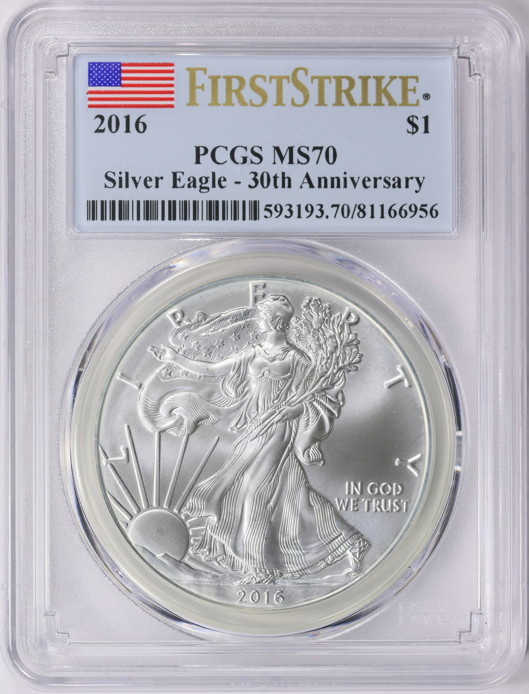 2016 $1 Silver Eagle First Strike 30th Anniversary PCGS MS-70 (Item 1757100) | GreatCollections ...
