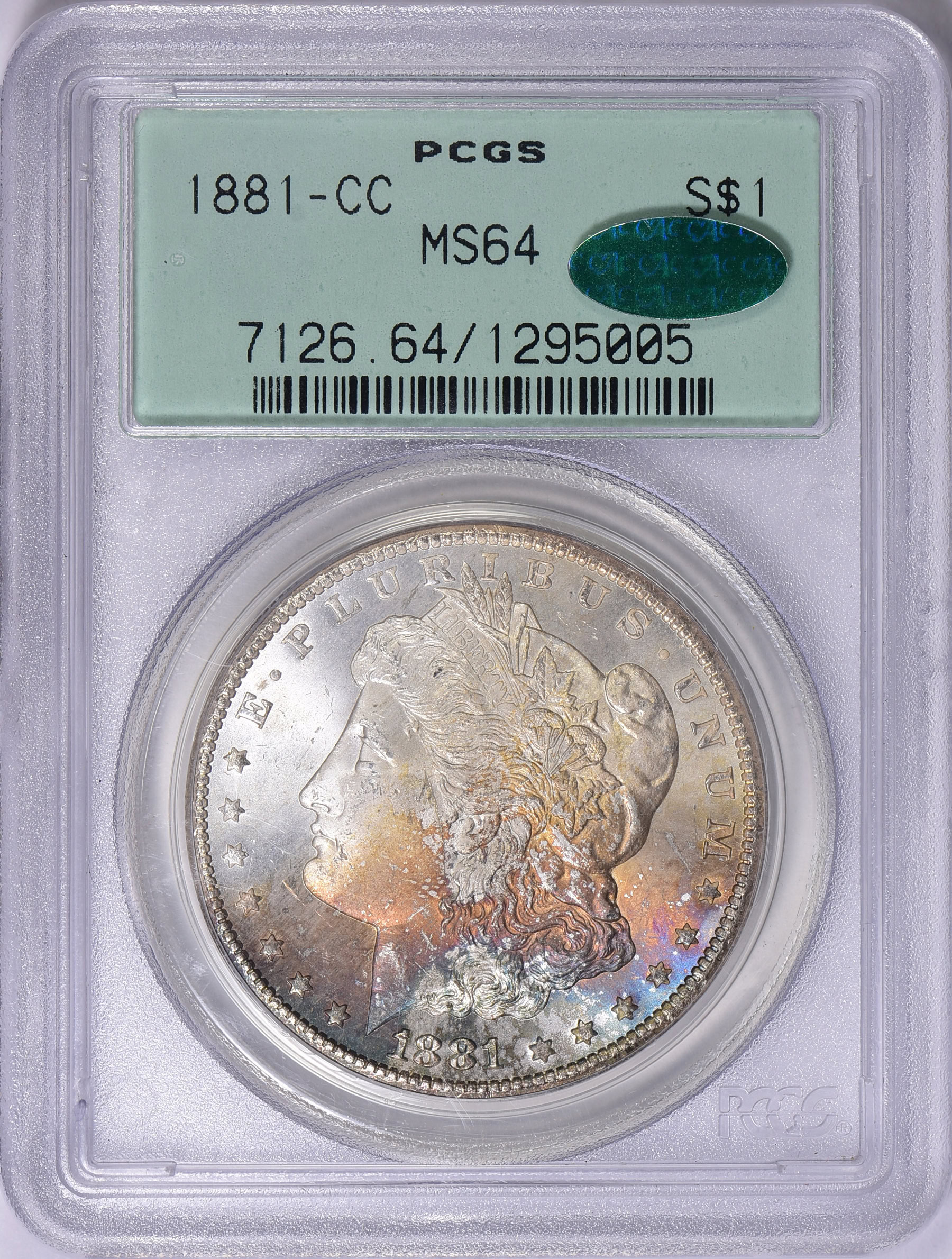 1881-CC Morgan Silver Dollar PCGS MS-64 (CAC Green) OGH (Toned) (Item 1757192 ...