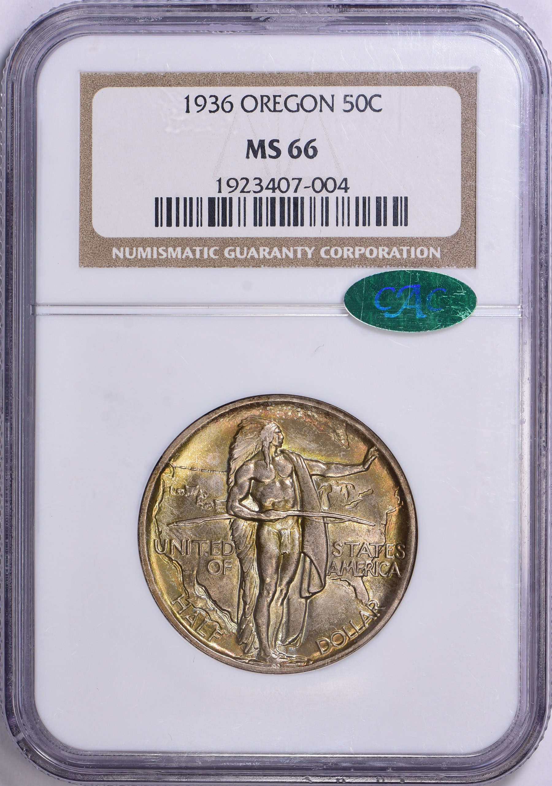 1936 Oregon Trail Memorial Half Dollar NGC MS-66 (CAC Green) (Toned) (Item 1757201 ...