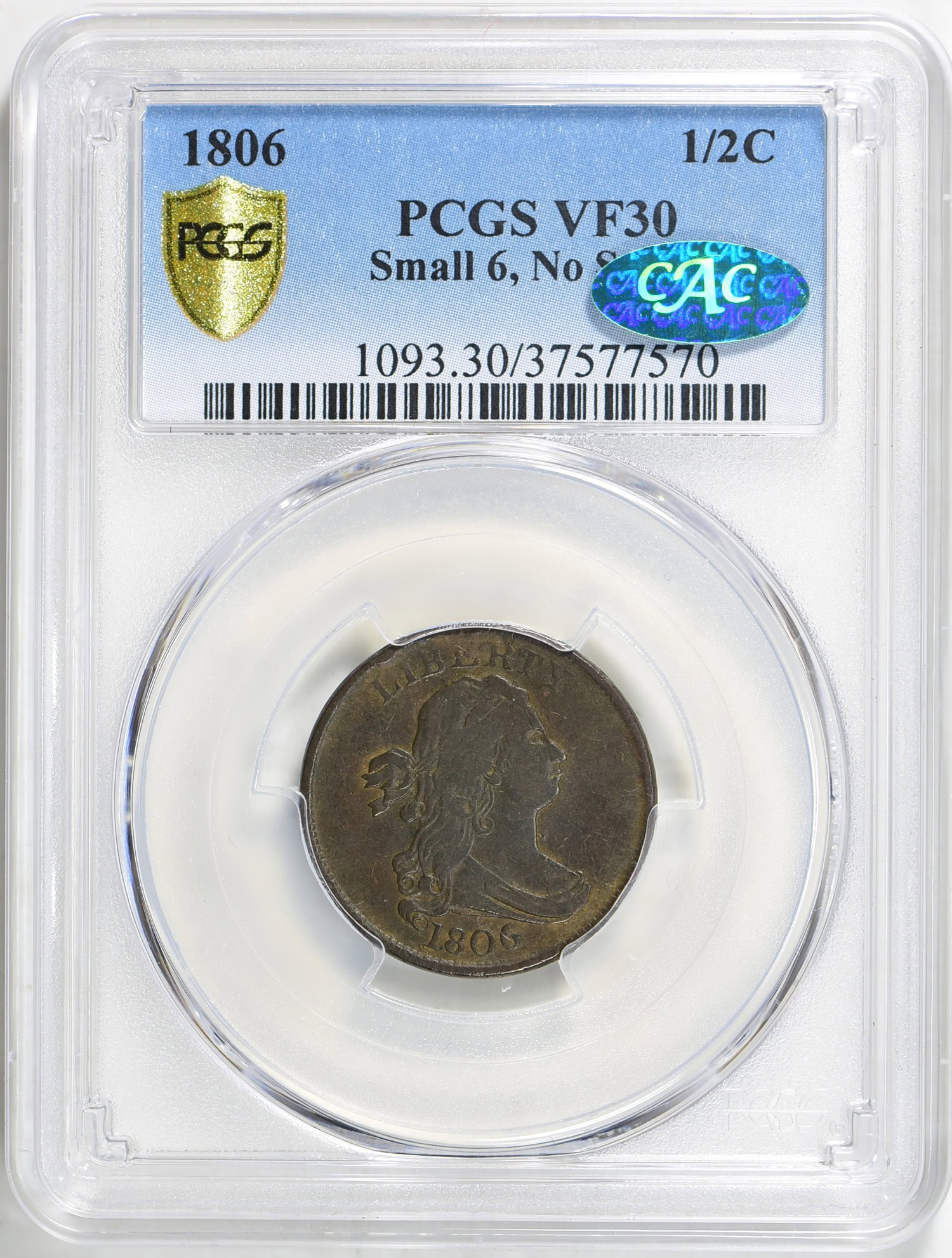 1806 Draped Bust Half Cent Small 6, No Stems PCGS VF-30 BN (CAC Green) (Item 1757992 ...