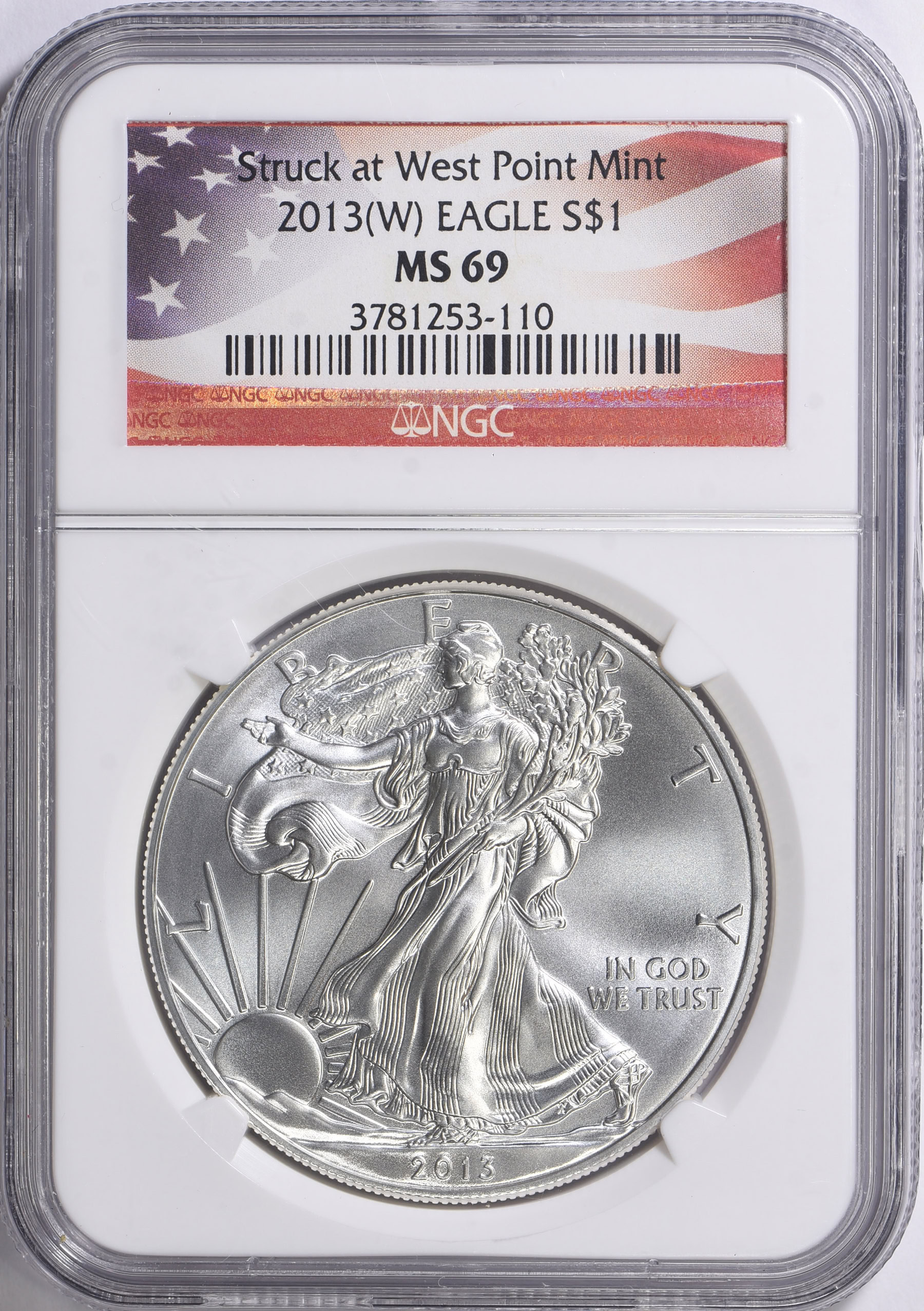 2013-(W) $1 Silver Eagle Struck at West Point NGC MS-69 (Flag Label) (Item 1758069 ...