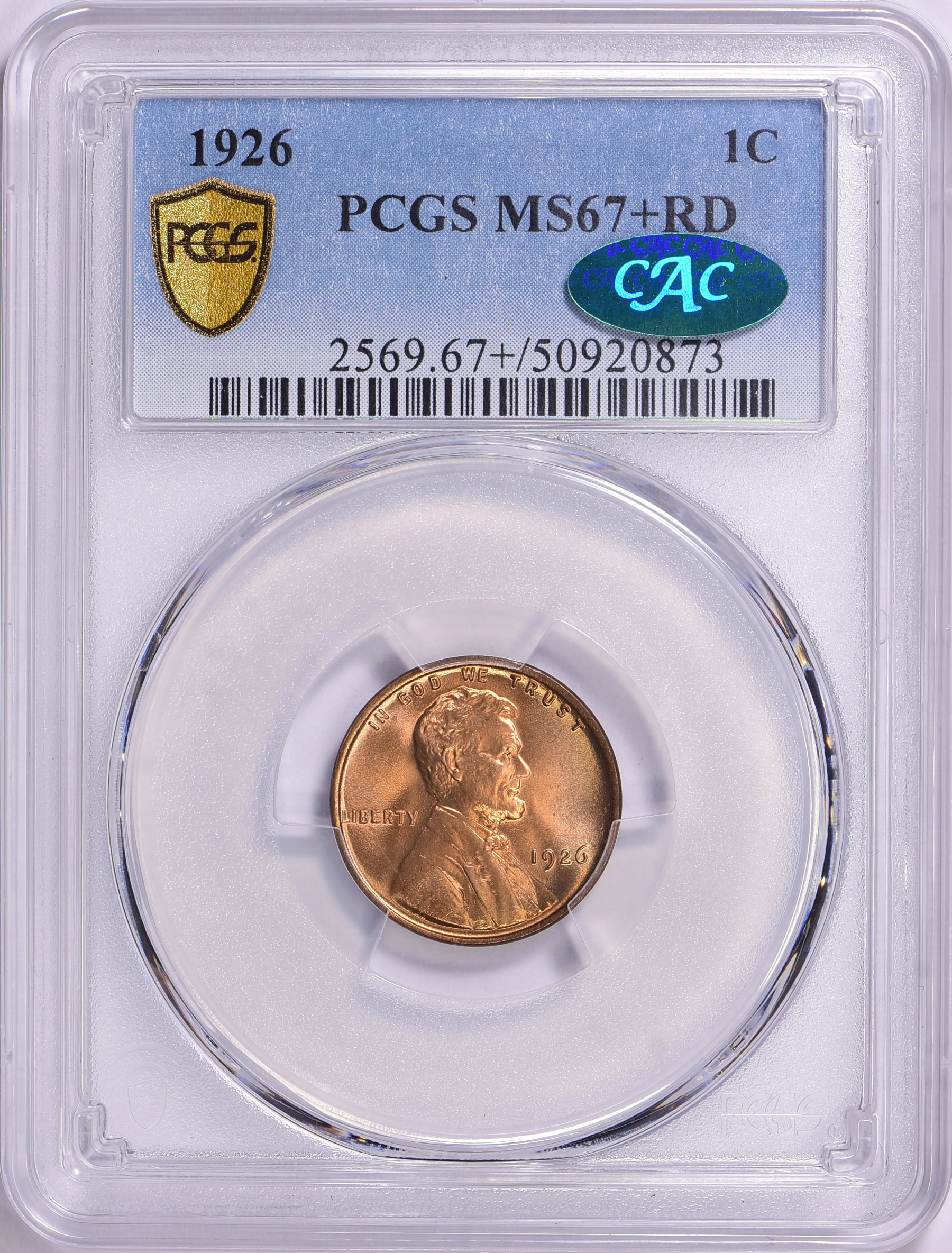 1926 Lincoln Cent PCGS MS-67+ RD (CAC Green) (Item 1758101) | GreatCollections Coin Auctions