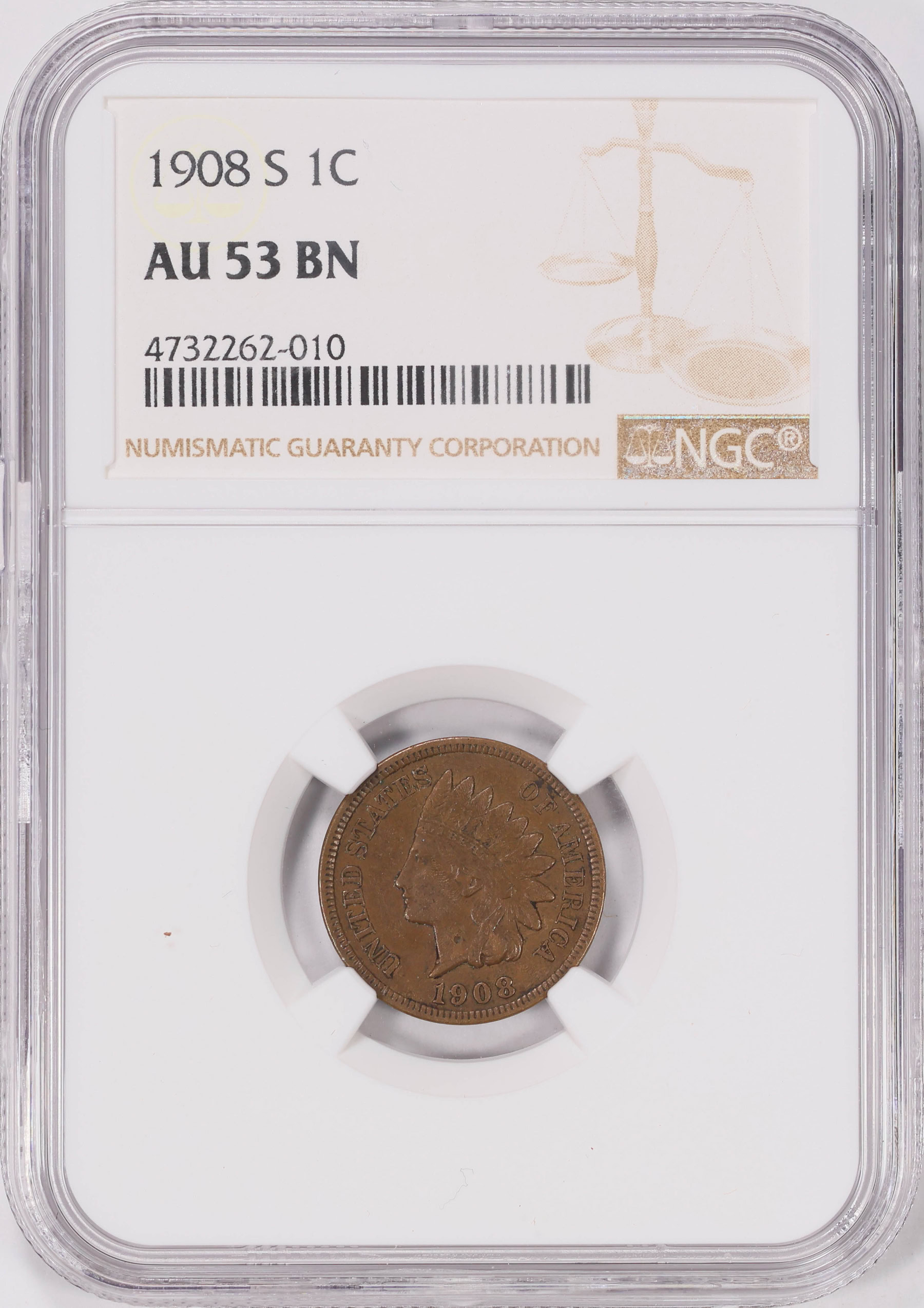 1908-S Indian Cent NGC AU-53 BN (Item 1758110) | GreatCollections Coin Auctions