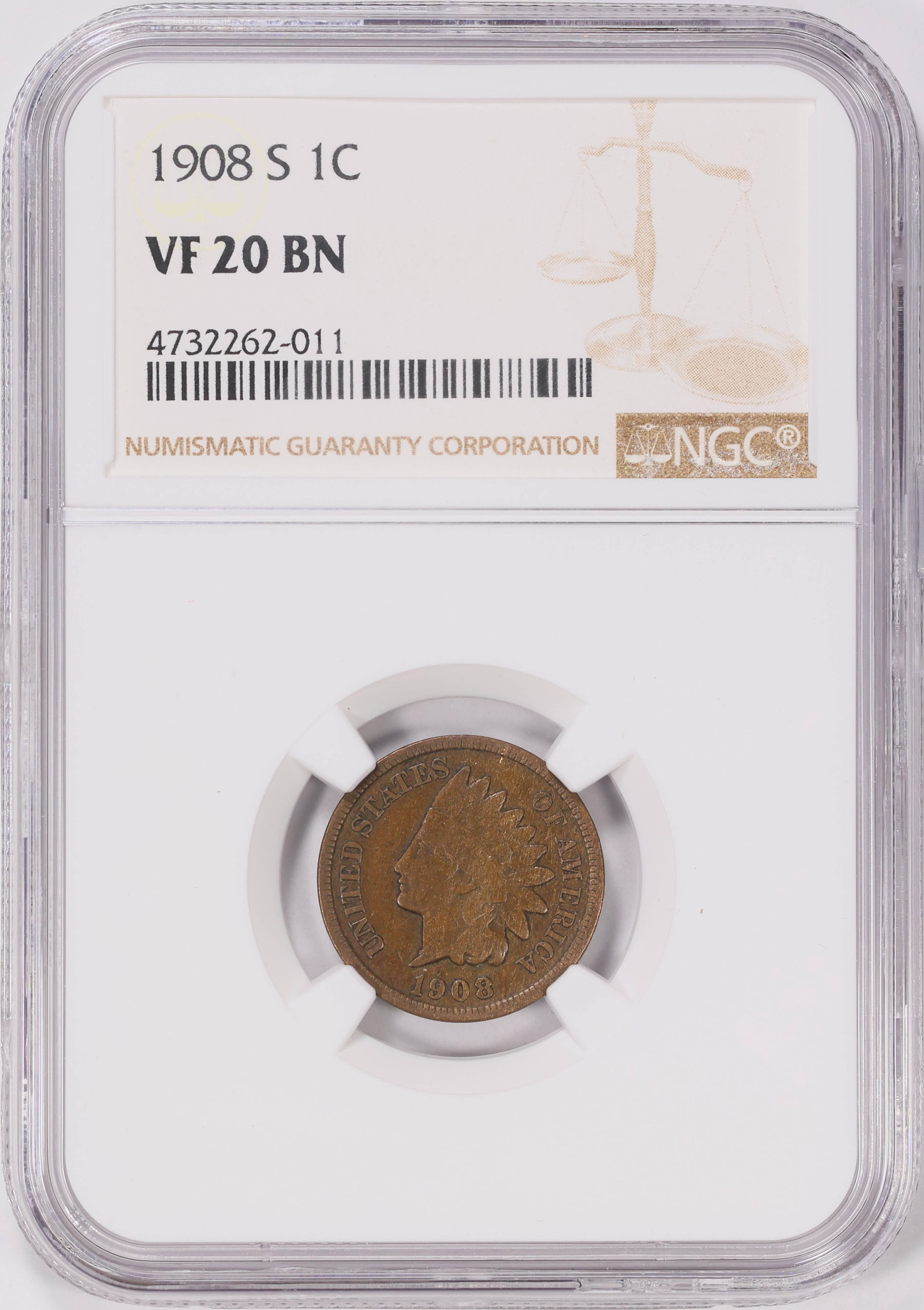 1908-S Indian Cent NGC VF-20 BN (Item 1758111) | GreatCollections Coin Auctions