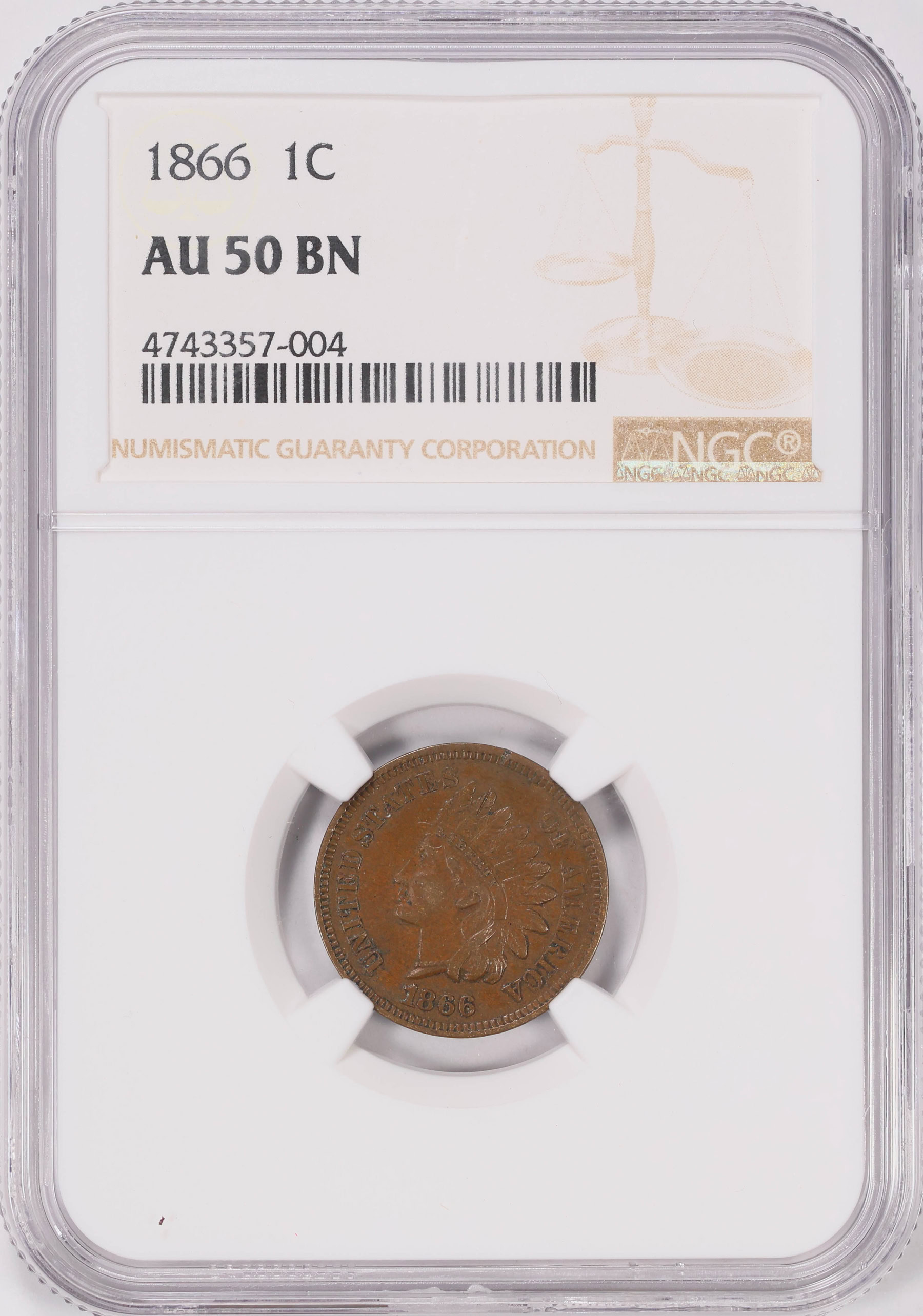 1866 Indian Cent NGC AU-50 BN (Item 1758113) | GreatCollections Coin Auctions