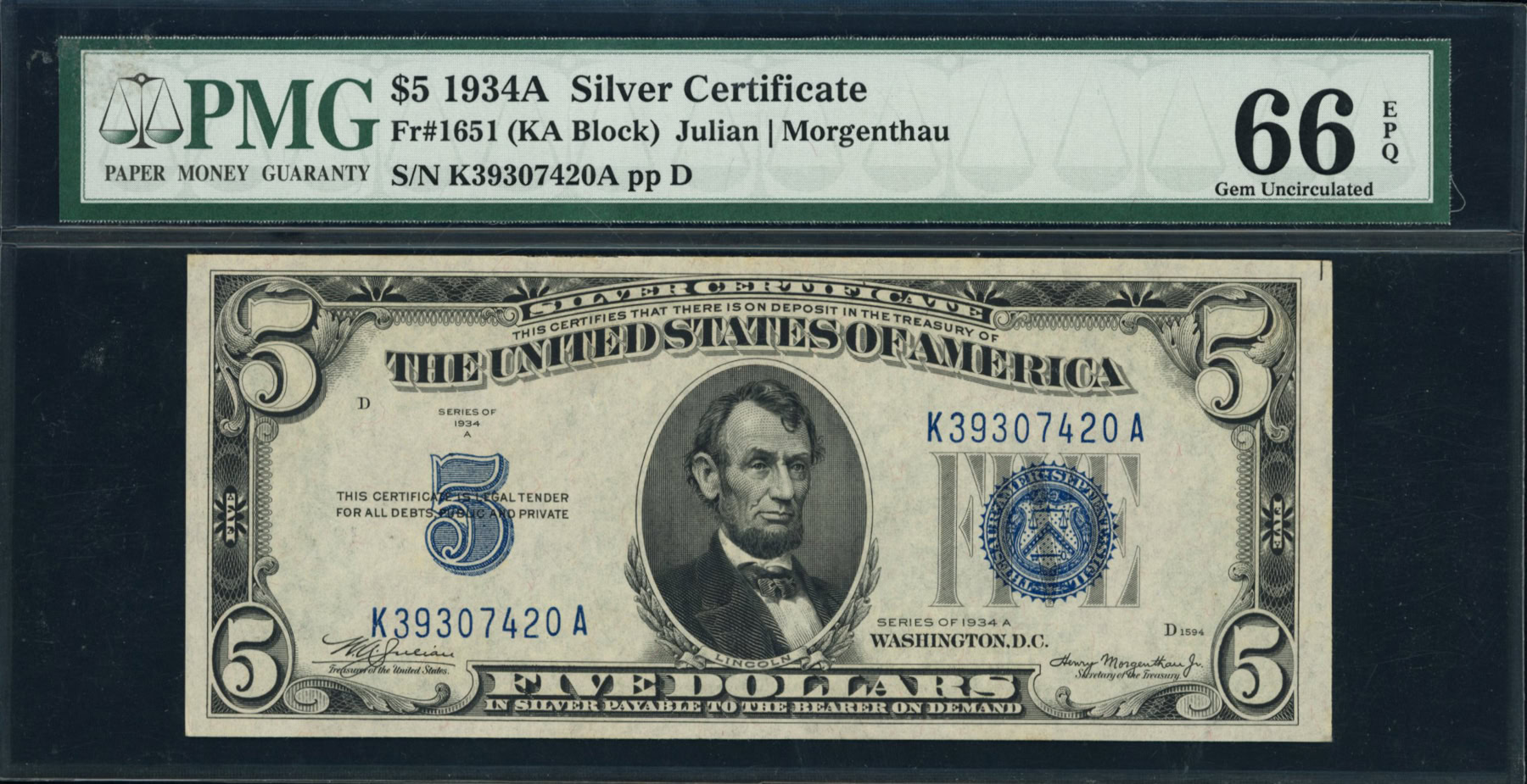 Fr. 1651 (KA Block) 1934A $5 Silver Certificate Note Julian / Morgenthau PMG Gem Uncirculated 66 ...