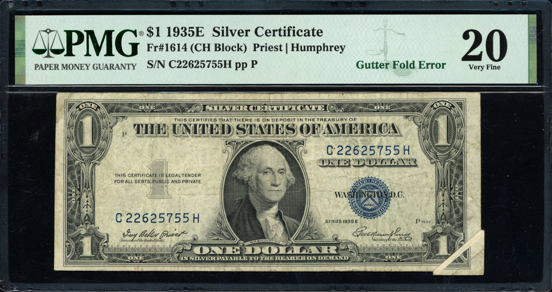 Fr. 1614 (CH Block) 1935E $1 Silver Certificate Error Note Gutter Fold ...