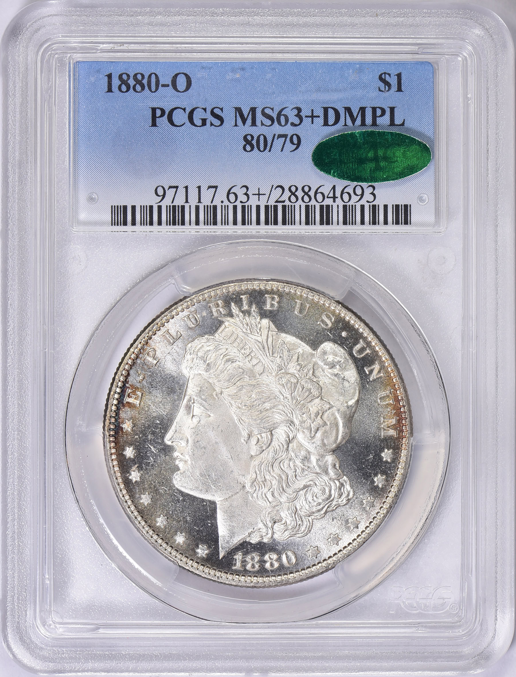 1880/79-O Morgan Silver Dollar PCGS MS-63+ DMPL (CAC Green) (Toned) (Item 1758361 ...