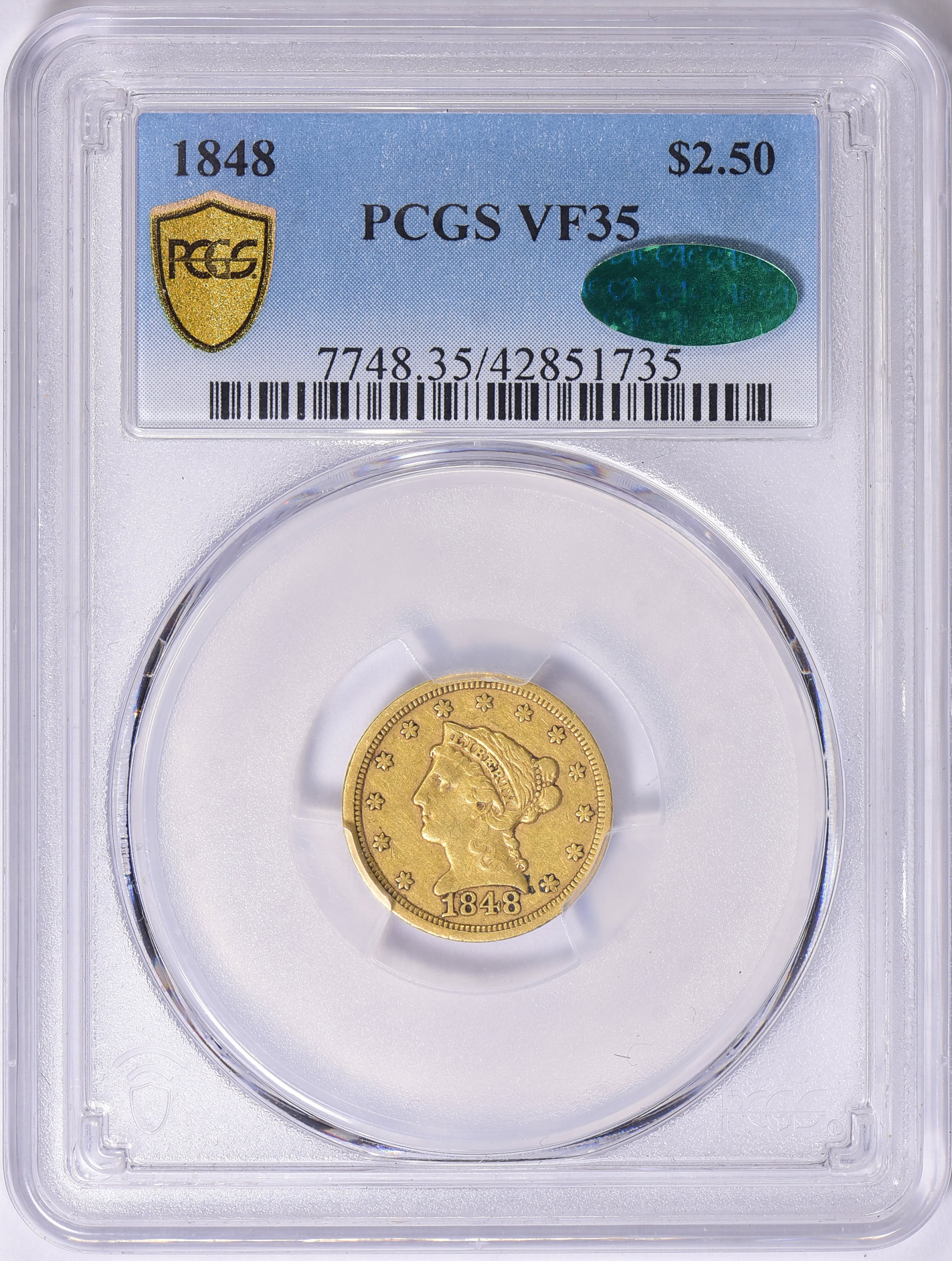 1848 Liberty Gold Quarter Eagle PCGS VF-35 (CAC Green) (Item 1758376 ...
