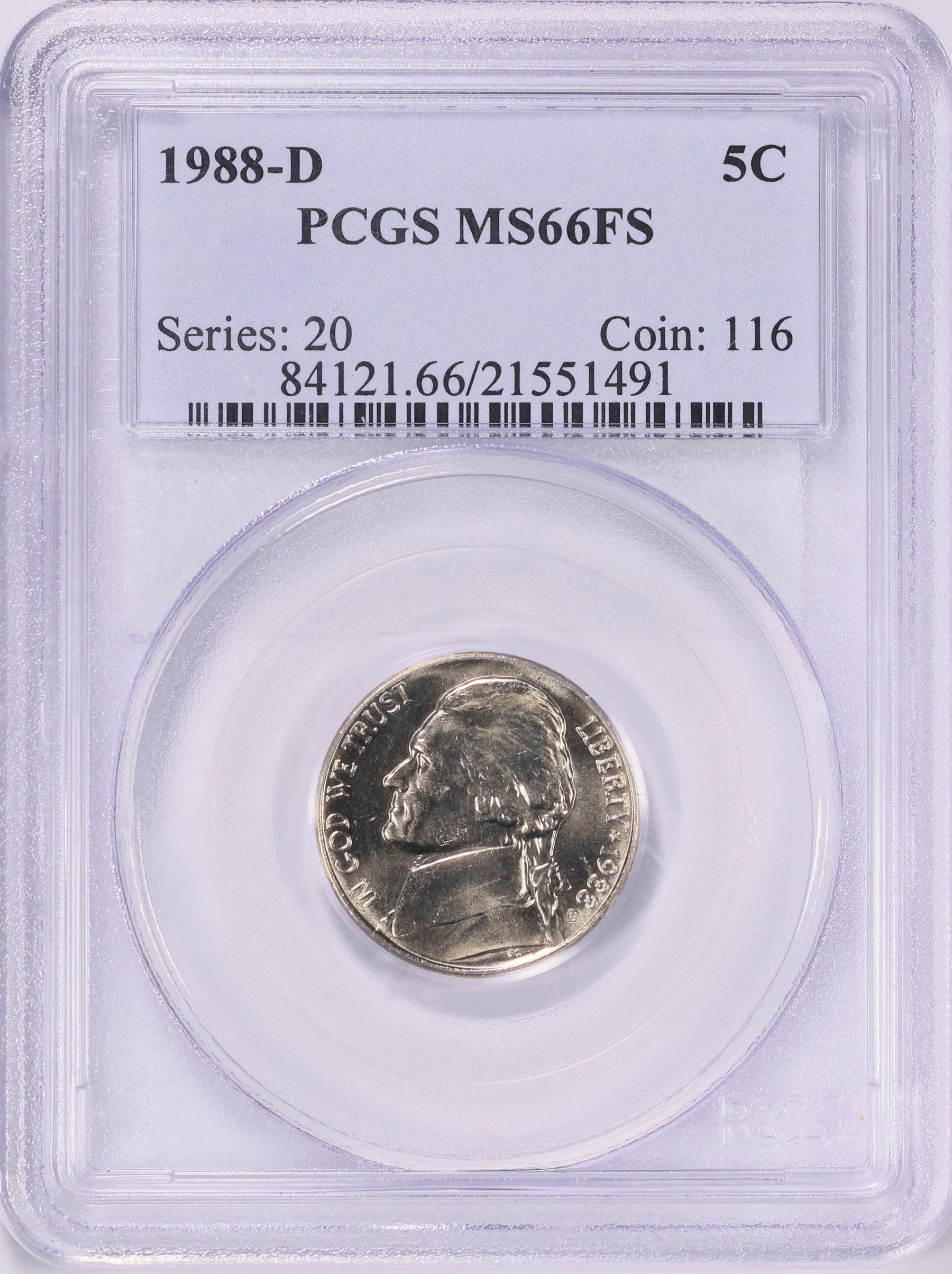 1988-D Jefferson Nickel PCGS MS-66 FS (Item 1758414) | GreatCollections ...