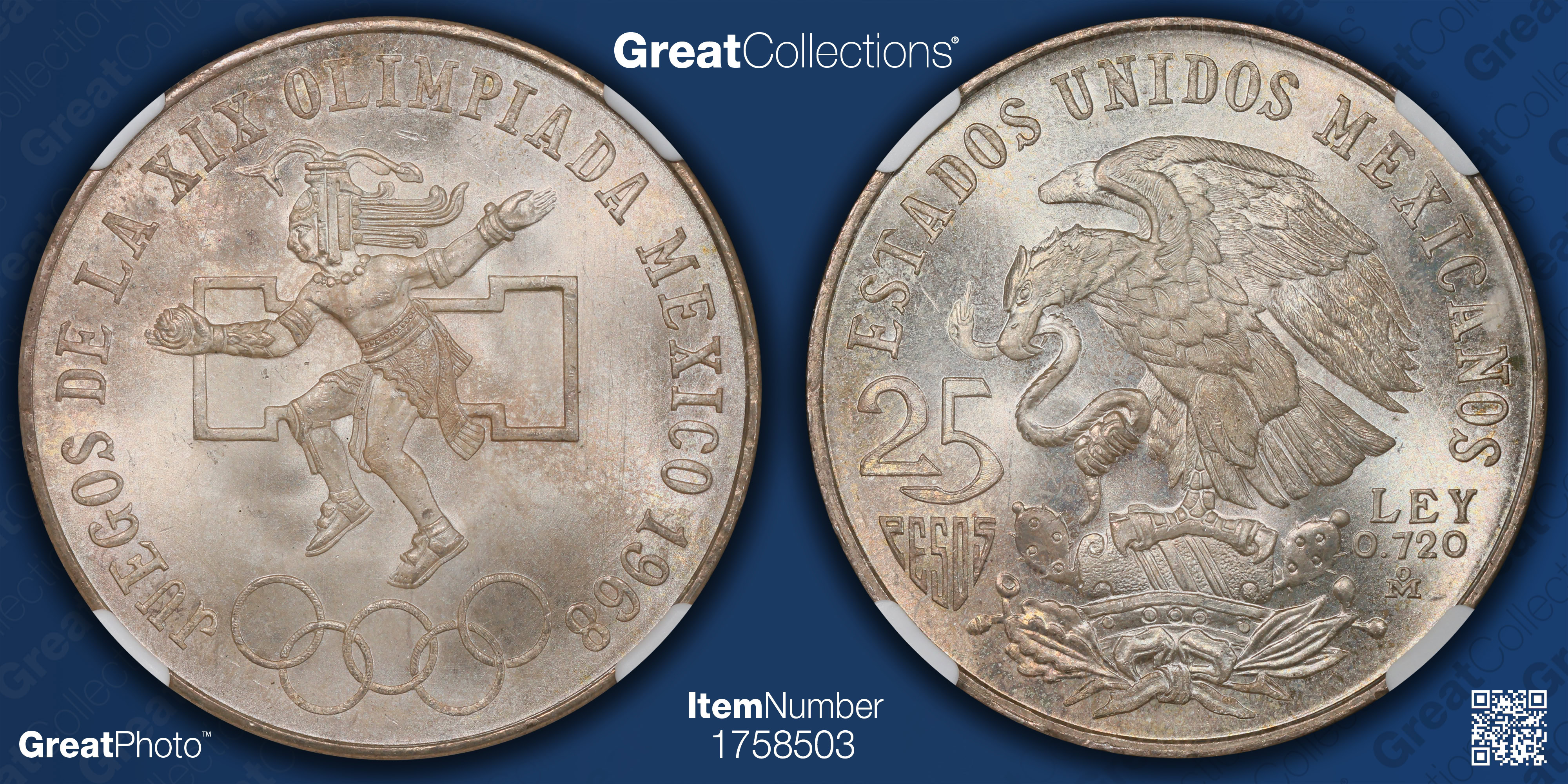 Mexico 1968-Mo Silver 25 Pesos Olympics Type 2 KM-479.1; NGC MS-67 (Ex ...