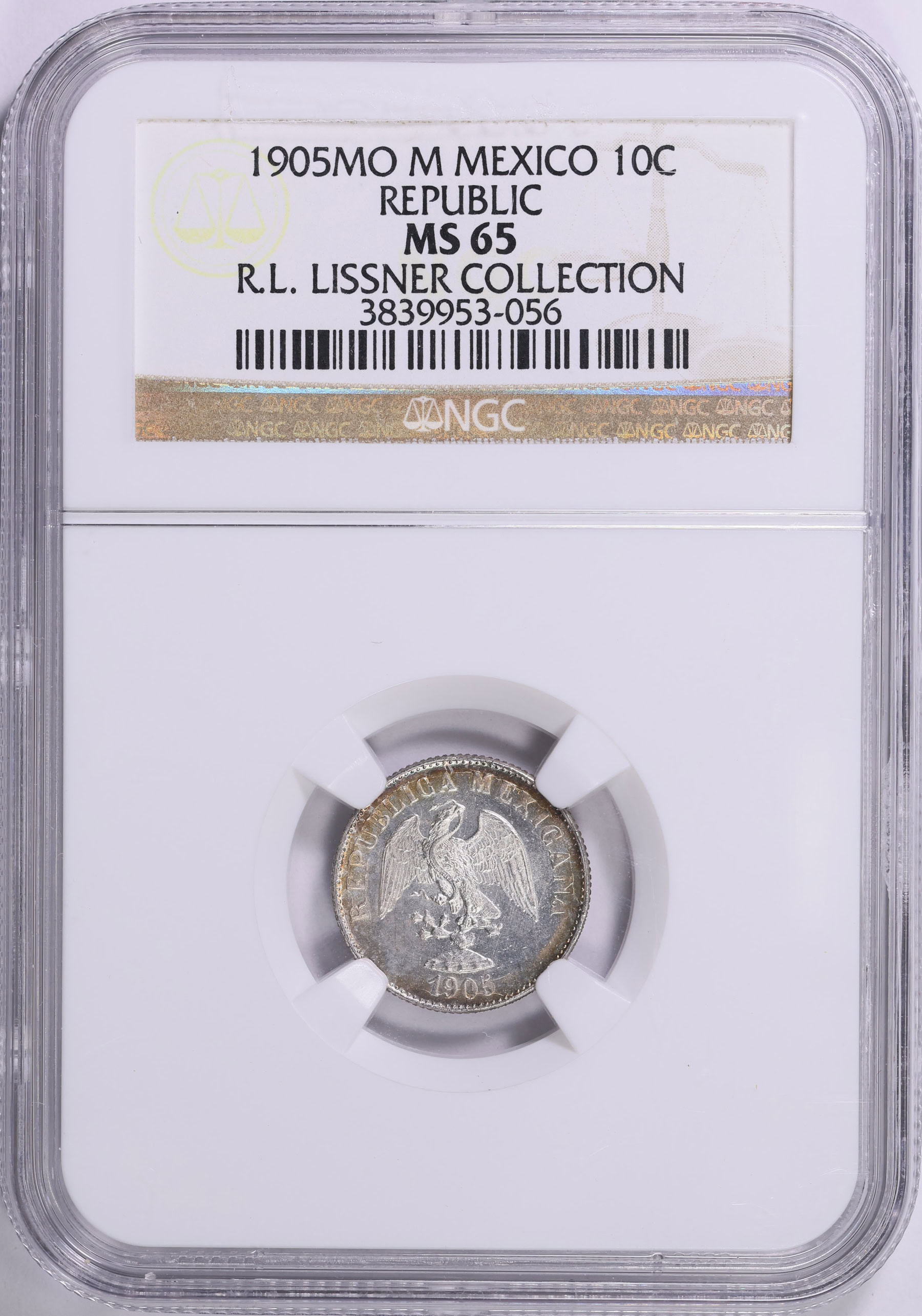 Mexico 1905-Mo M Silver 10 Centavos KM-404.2 NGC MS-65 (R.L. Lissner ...
