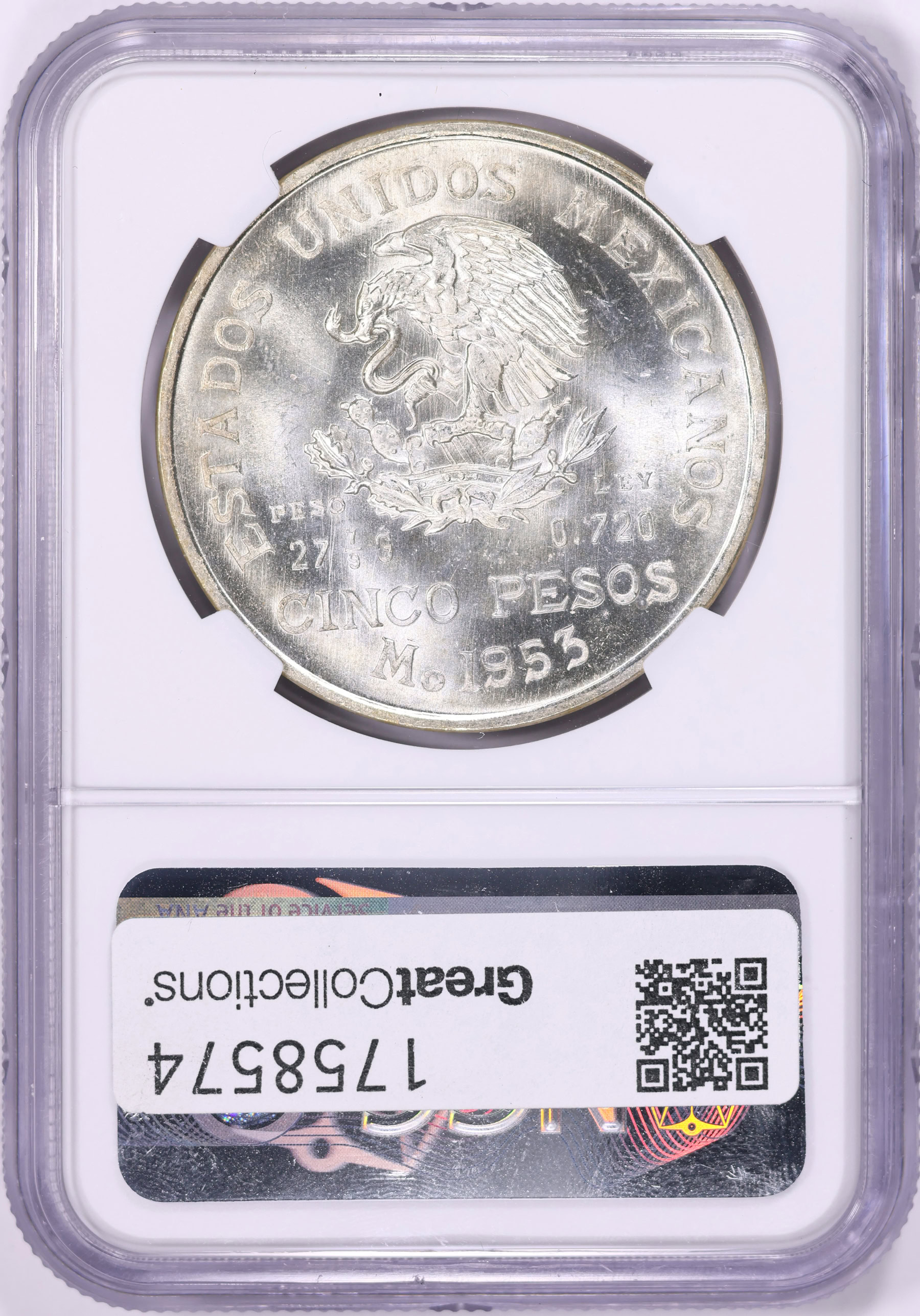 Mexico 1953-Mo Silver 5 Pesos Hidalgo KM-468 NGC MS-65 (Item 1758574 ...