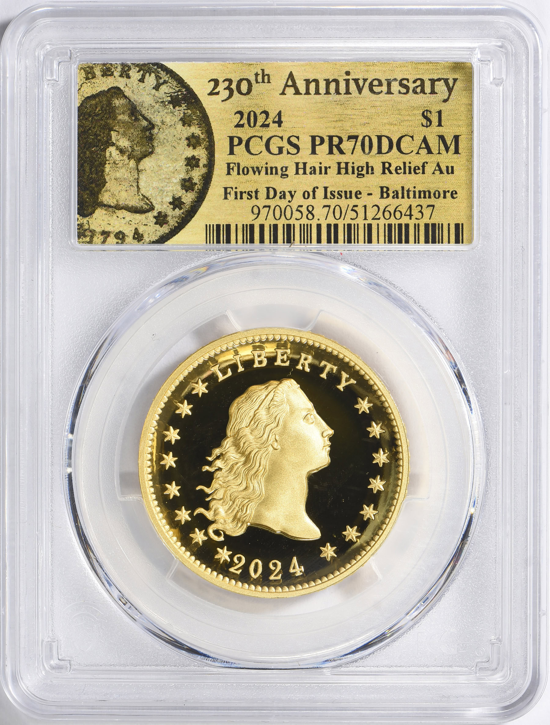 2024 Flowing Hair High Relief Gold Dollar 230th Anniversary First Day ...