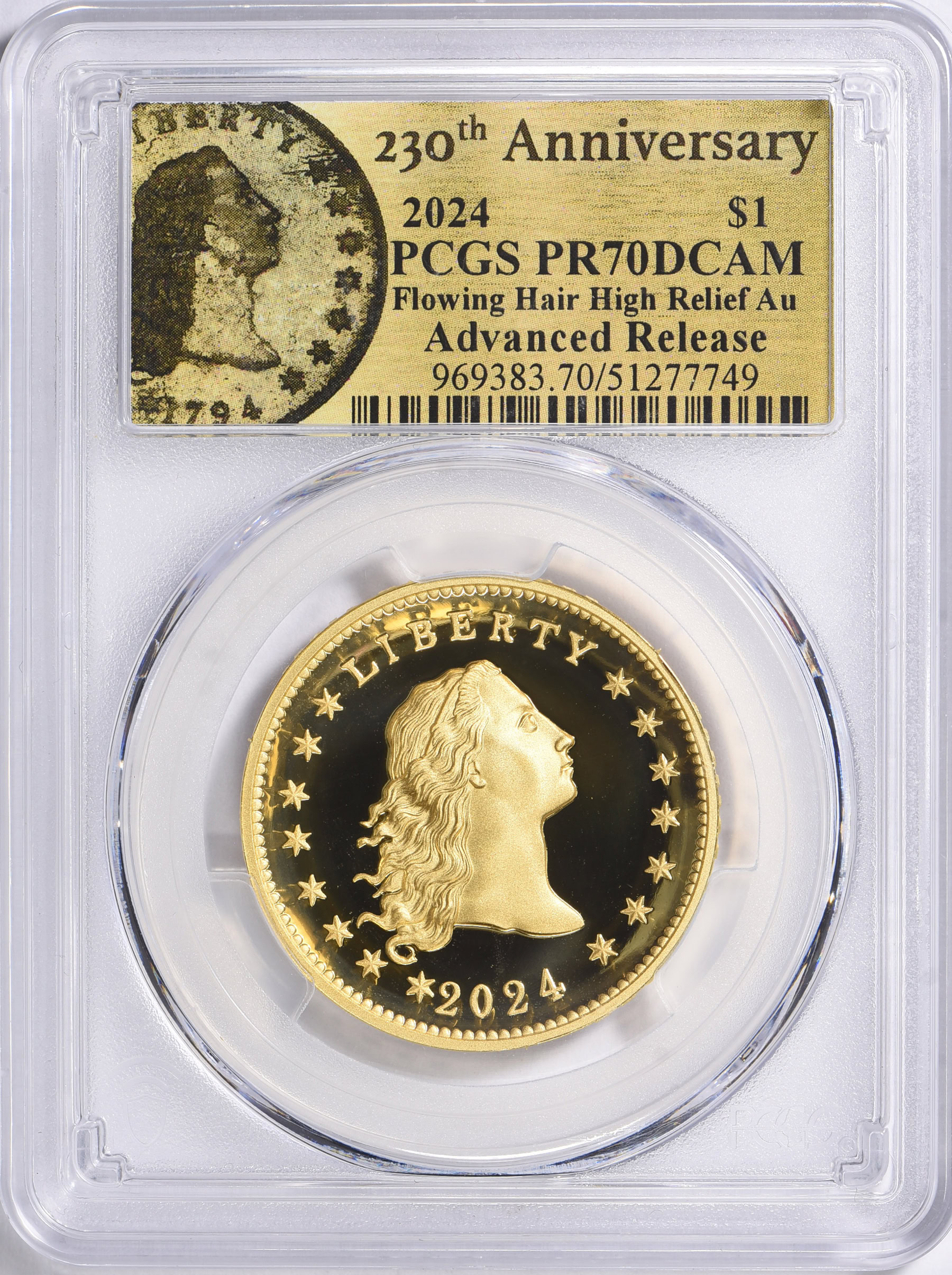 2024 Flowing Hair High Relief Gold Dollar 230th Anniversary Advanced Release PCGS Proof-70 DCAM ...