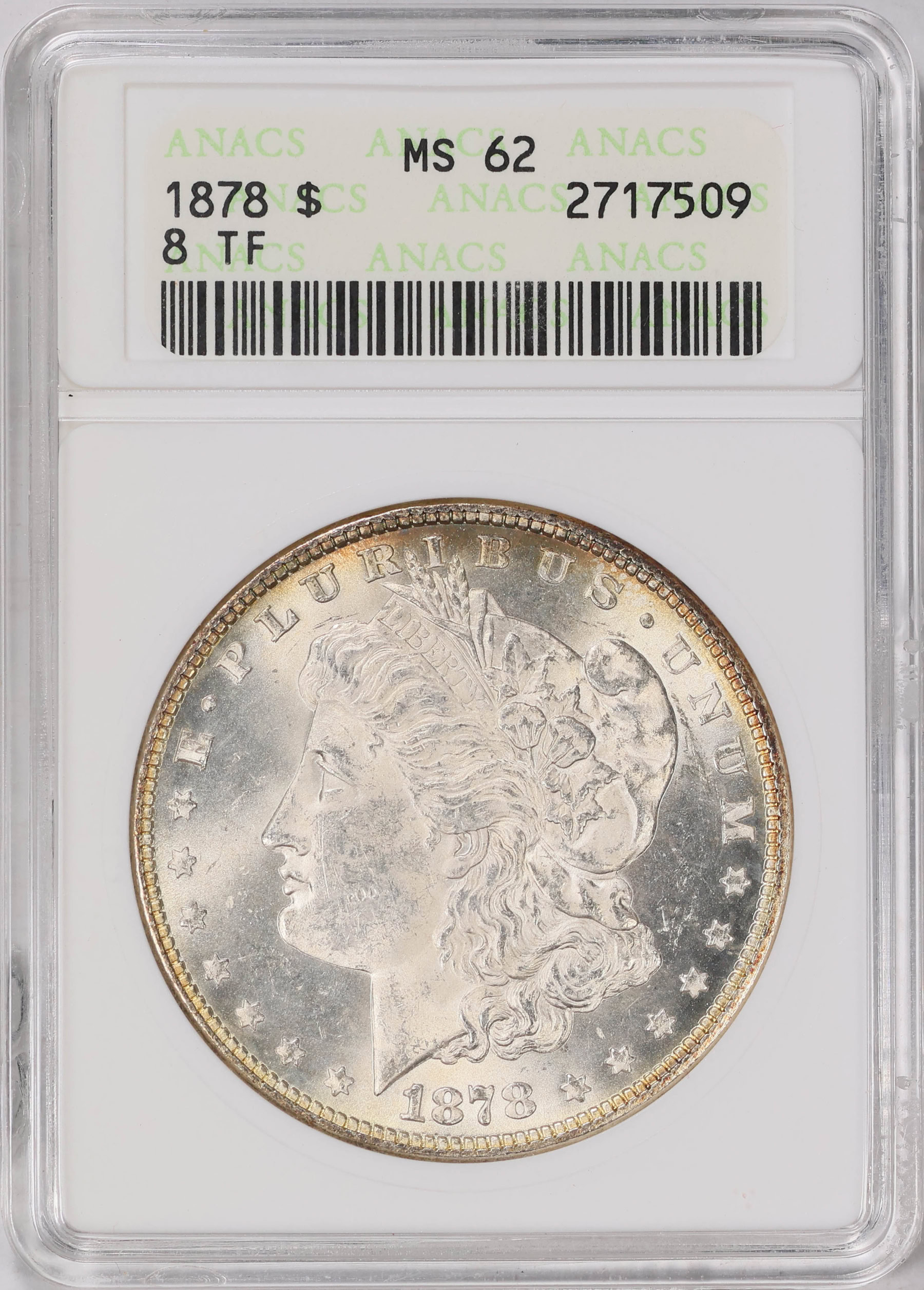 1878 Morgan Silver Dollar 8 Tailfeathers ANACS MS-62 OH (Item 1758623) | GreatCollections Coin ...