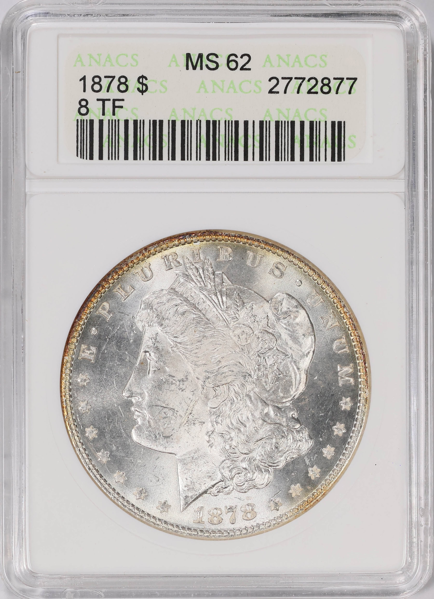 1878 Morgan Silver Dollar 8 Tailfeathers ANACS MS-62 OH (Item 1758624) | GreatCollections Coin ...
