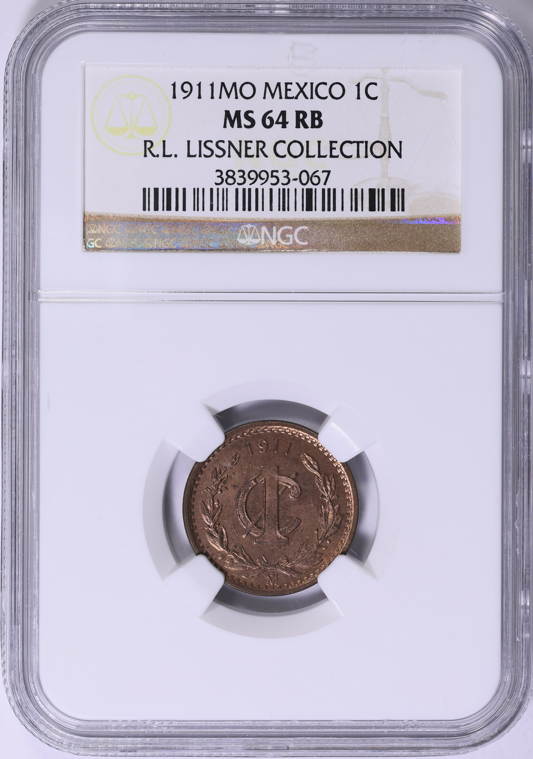Mexico 1911-Mo Centavo Narrow Date KM-415 NGC MS-64 RB (Ex: R.L ...