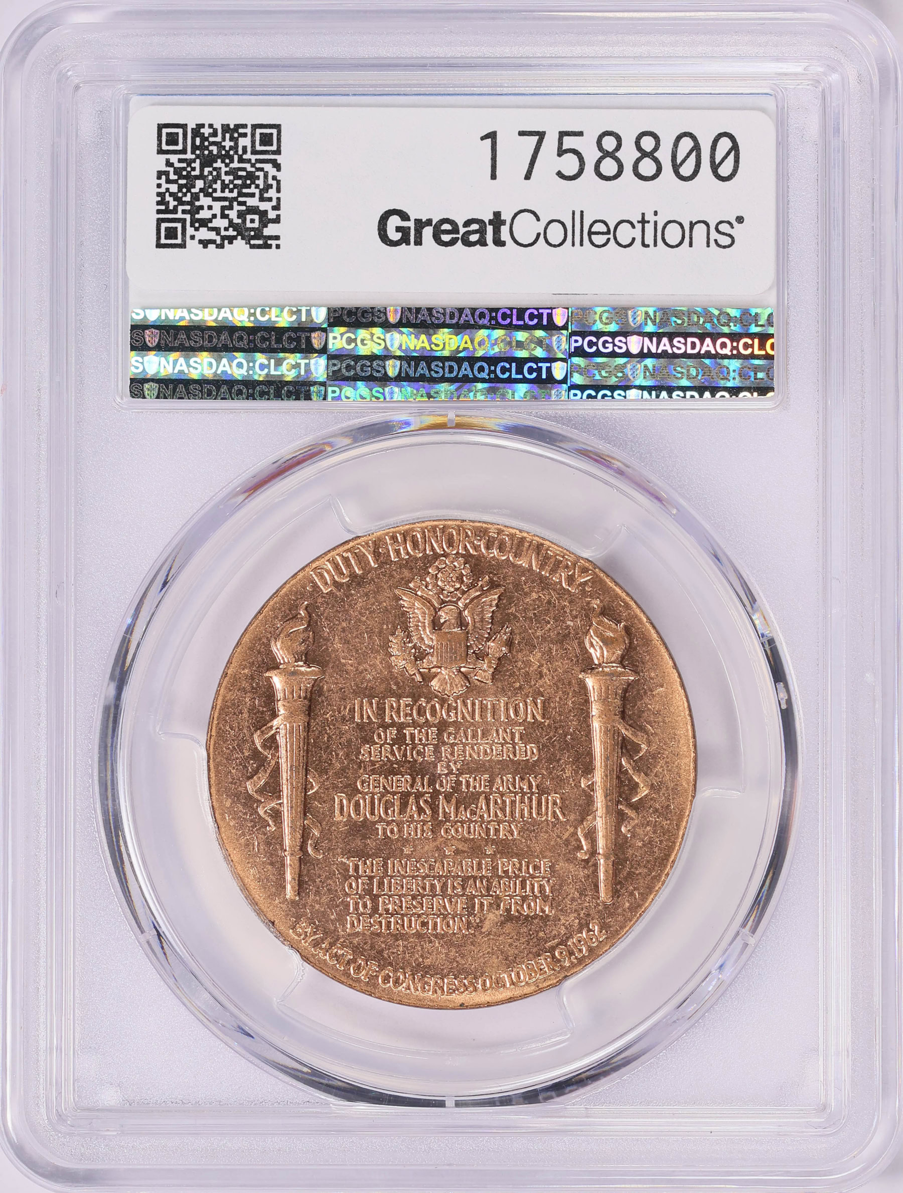1962 Douglas MacArthur Bronze Medal Small D1962-2c PCGS AU-58 (Item ...