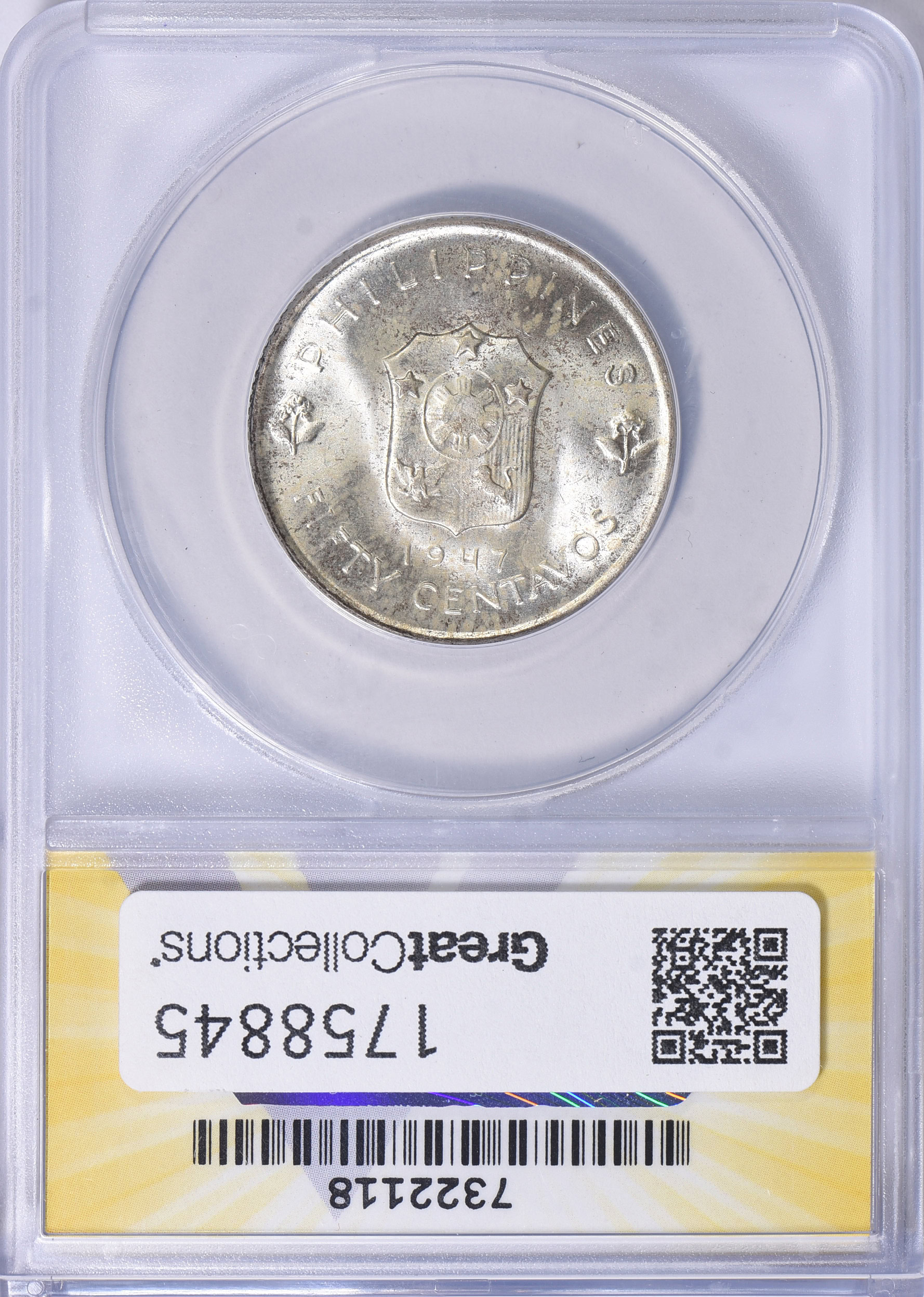 Philippines 1947-S Silver 50 Centavos MacArthur Allen-R1a DDO ANACS MS ...