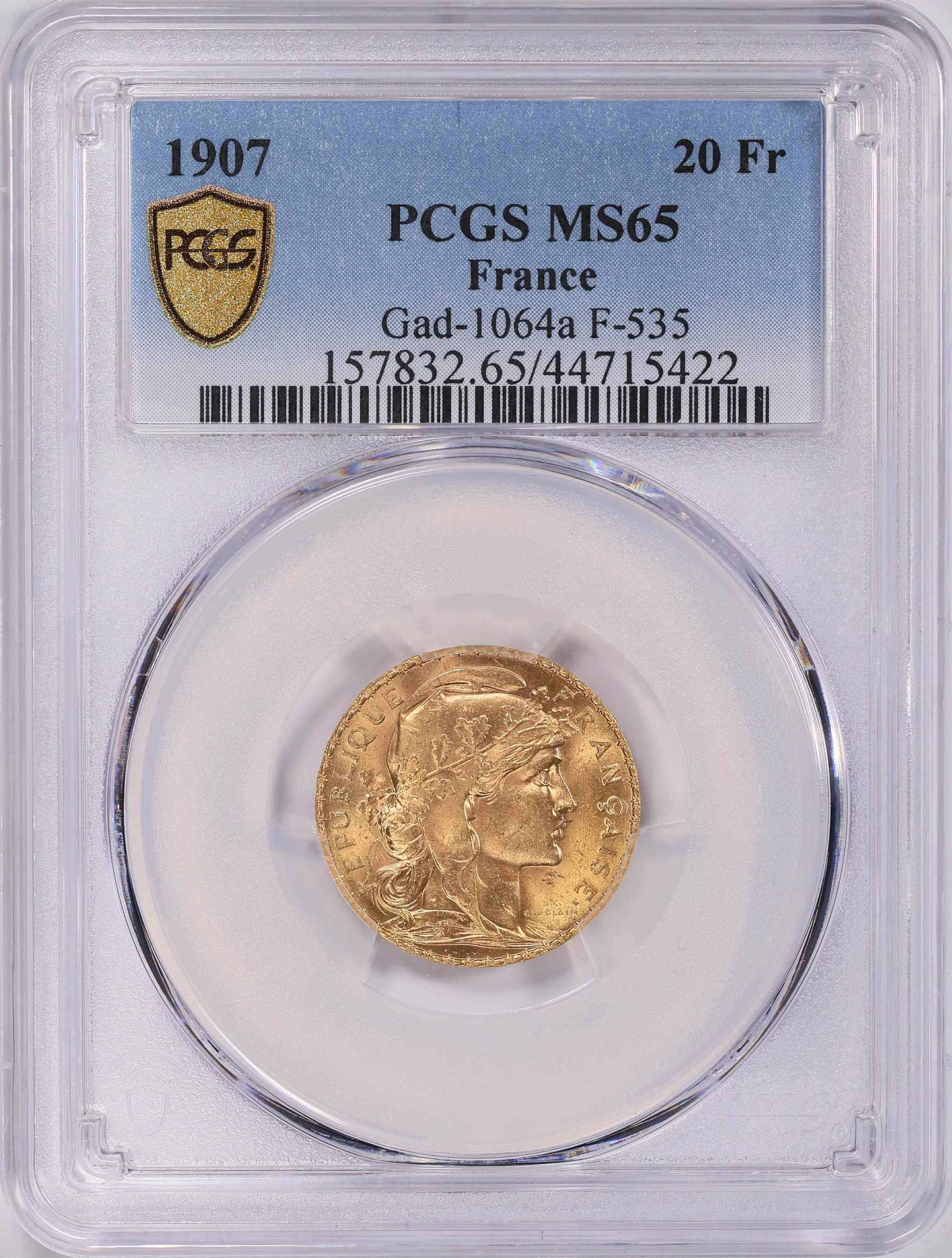 France 1907 Gold 20 Francs KM-857 PCGS MS-65 (AGW = 0.1866 oz.) (Item 1758902 ...