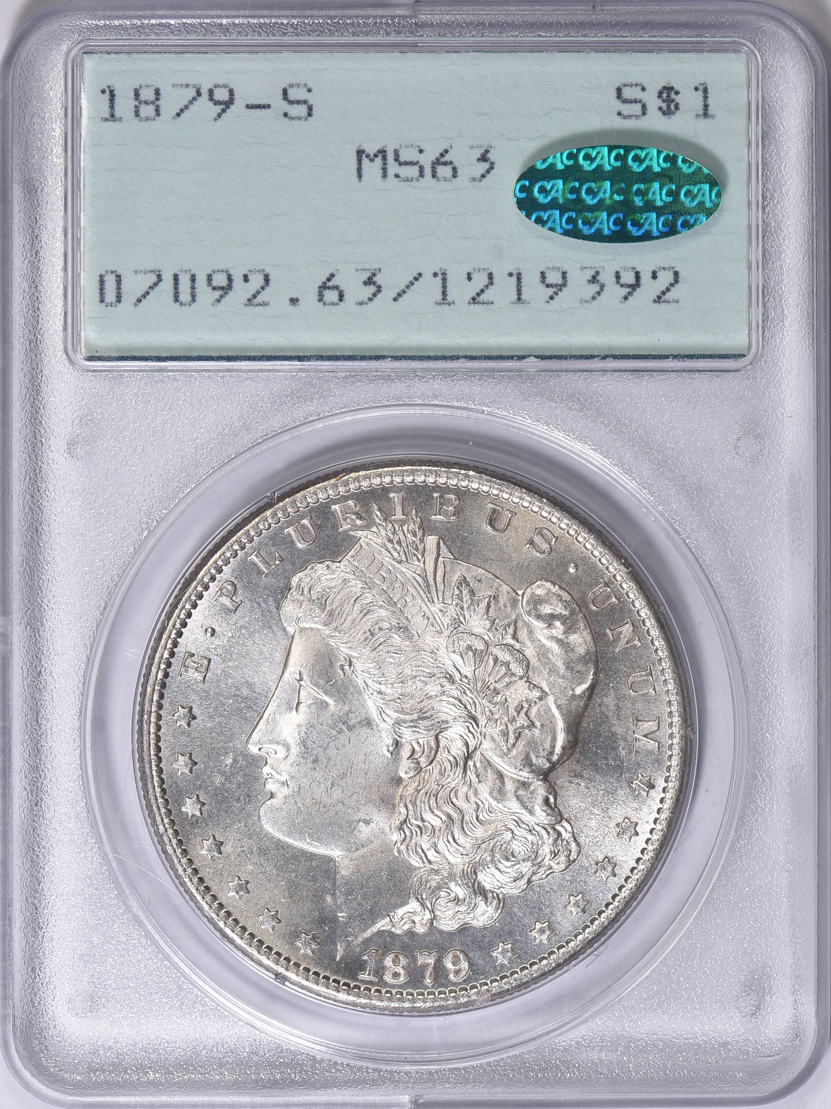 1879-S Morgan Silver Dollar PCGS MS-63 (CAC Green) OGH (1st Gen) (Item 1758924 ...