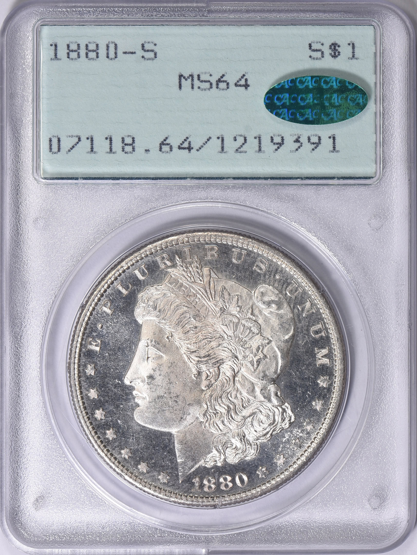 1880-S Morgan Silver Dollar PCGS MS-64 (CAC Green) OGH (1st Gen) (Item 1758932 ...