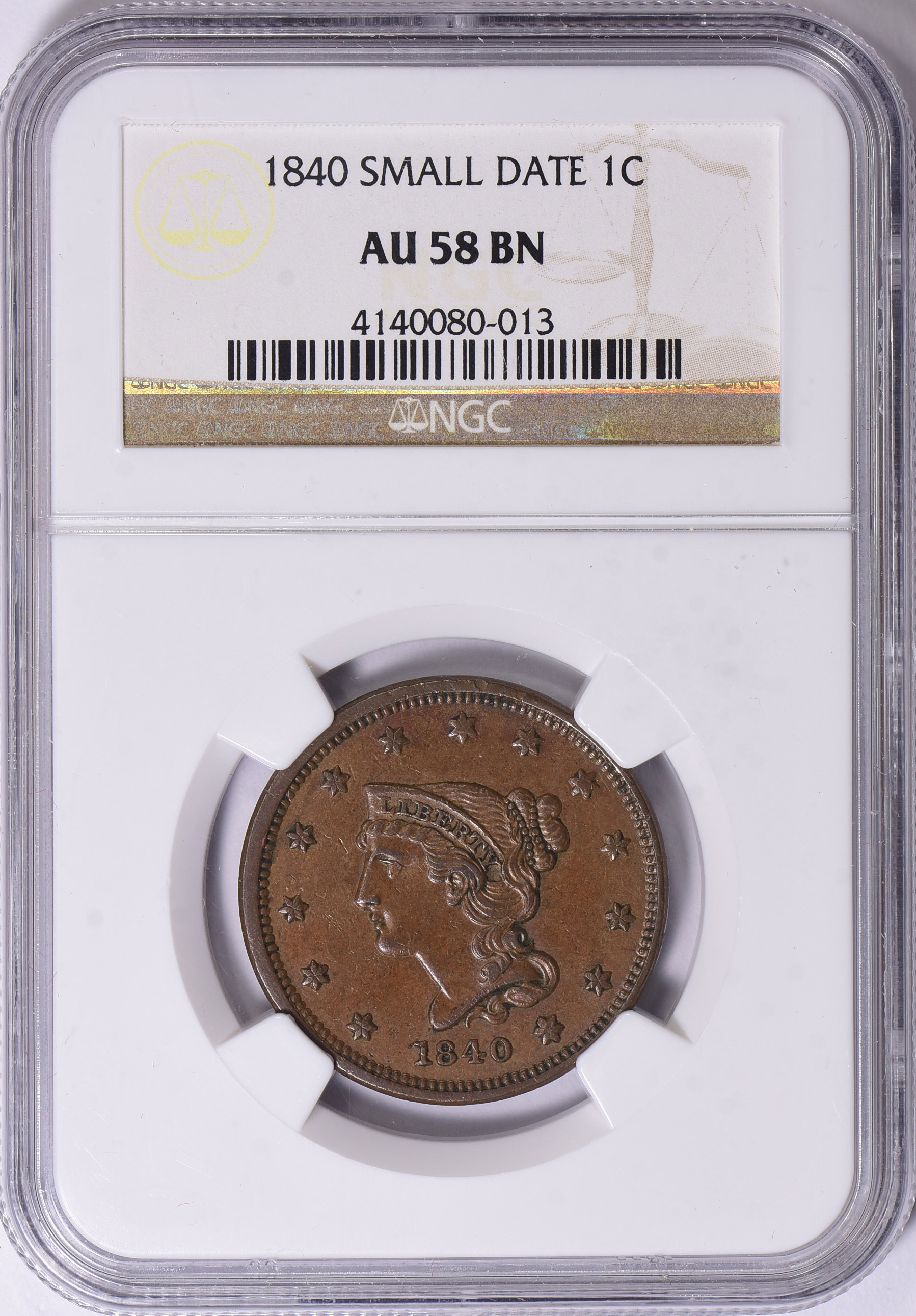 1840 Braided Hair Cent Small Date NGC AU-58 BN (Item 1759020 ...