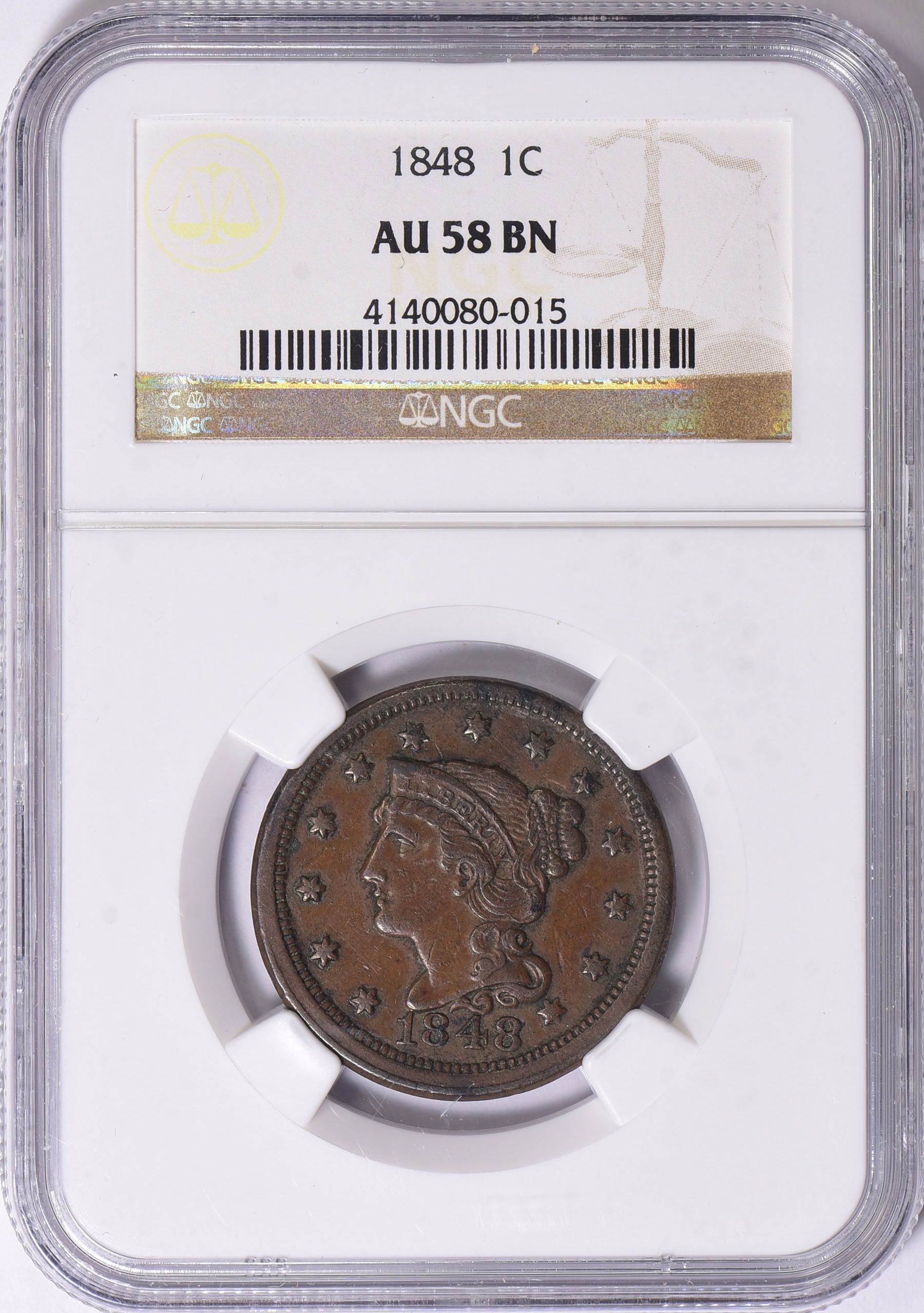 1848 Braided Hair Cent NGC AU-58 BN (Item 1759022) | GreatCollections Coin Auctions