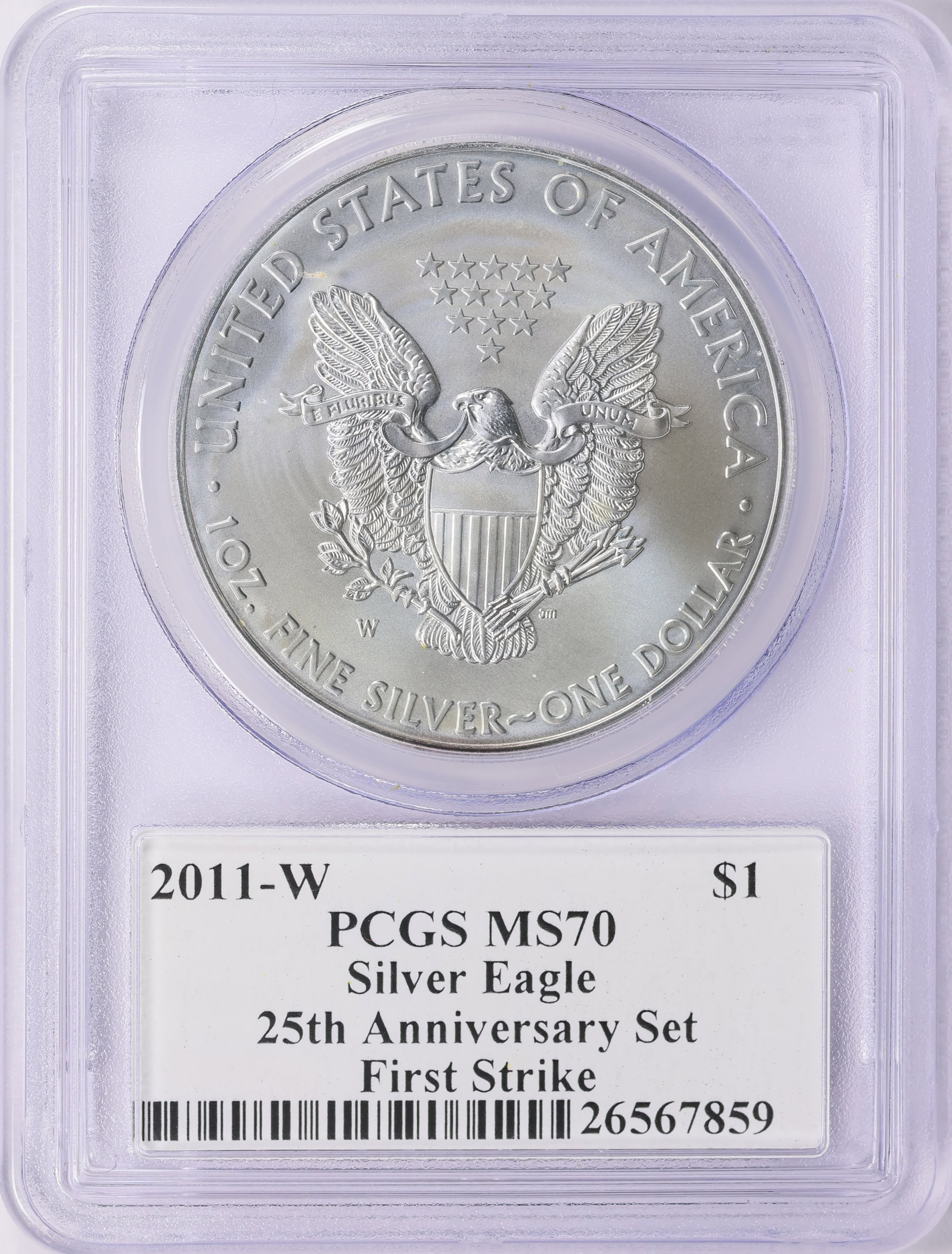 2011-W $1 Silver Eagle Burnished 25th Anniversary First Strike PCGS MS-70 (Mercanti Signed Flag ...