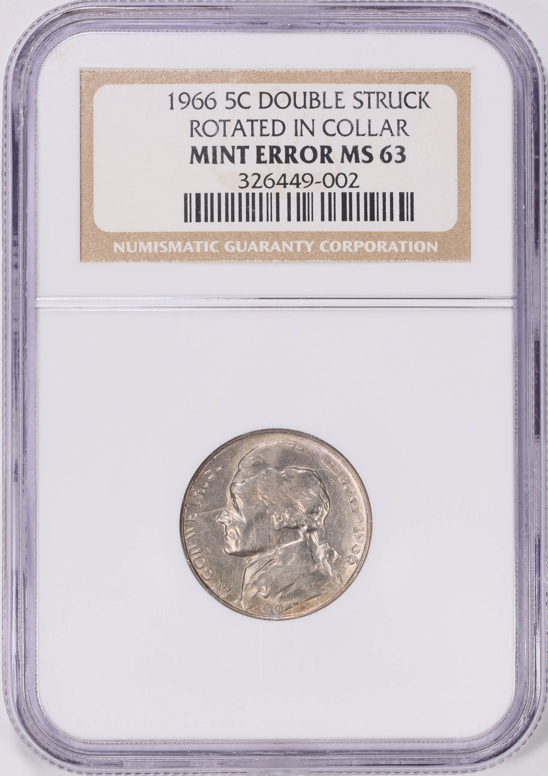 Mint Error 1966 Jefferson Nickel Double Struck Rotated in Collar NGC MS ...
