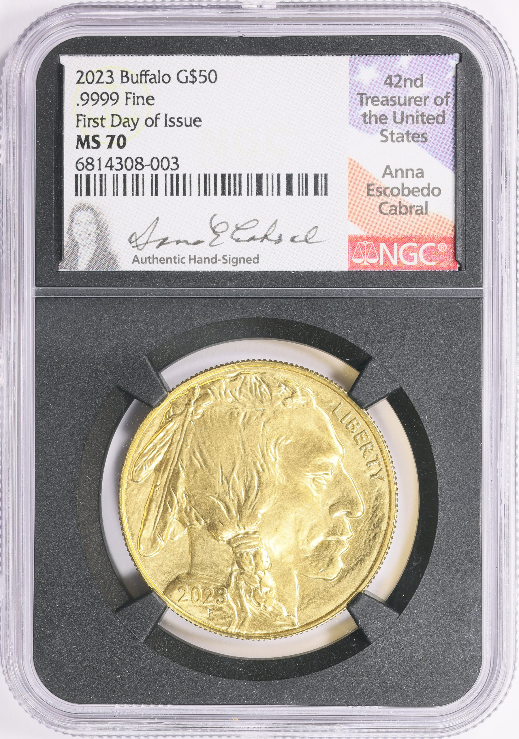2023 $50 One-Ounce Gold American Buffalo First Day of Issue NGC MS-70 (Anna Escobedo Cabral ...
