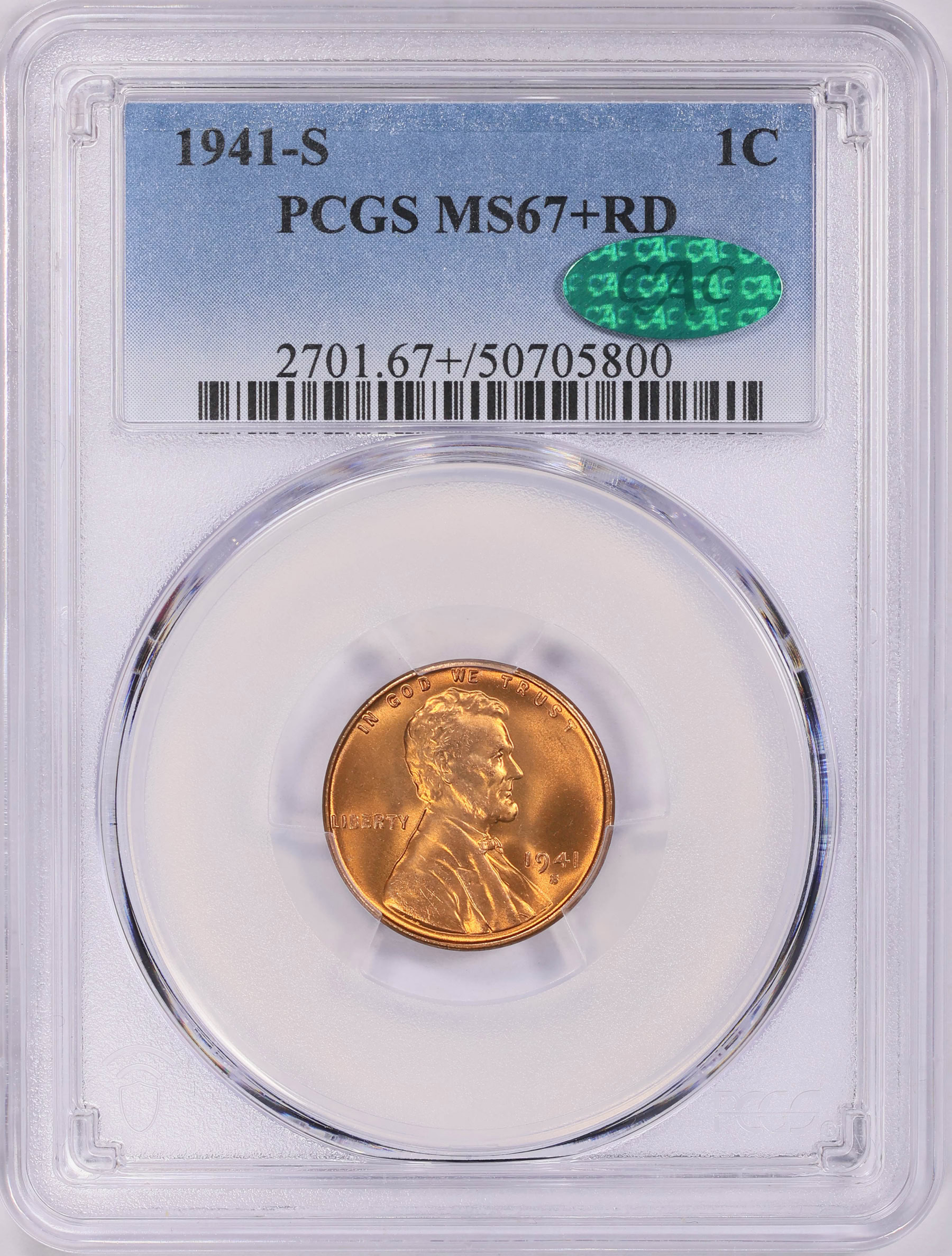 1941-S Lincoln Cent PCGS MS-67+ RD (CAC Green) (Item 1759648) | GreatCollections Coin Auctions
