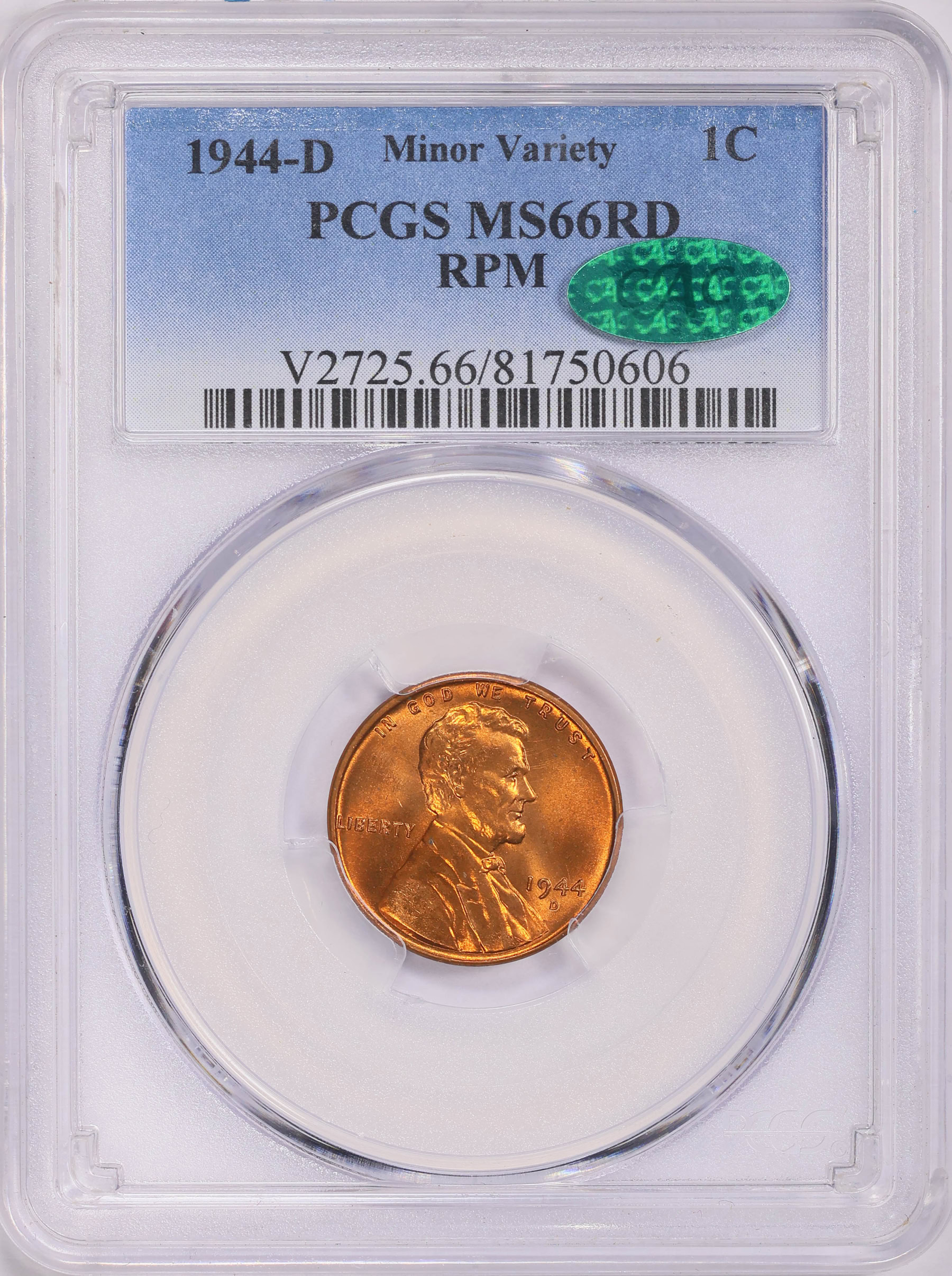 1944-D Lincoln Cent RPM PCGS MS-66 RD (CAC Green) (Item 1759686) | GreatCollections Coin Auctions