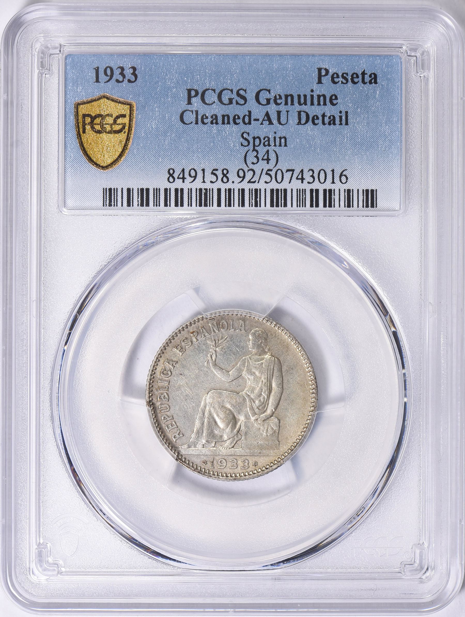 Spain 1933 (1934) Silver Peseta KM-750 PCGS Genuine AU Details (Item ...