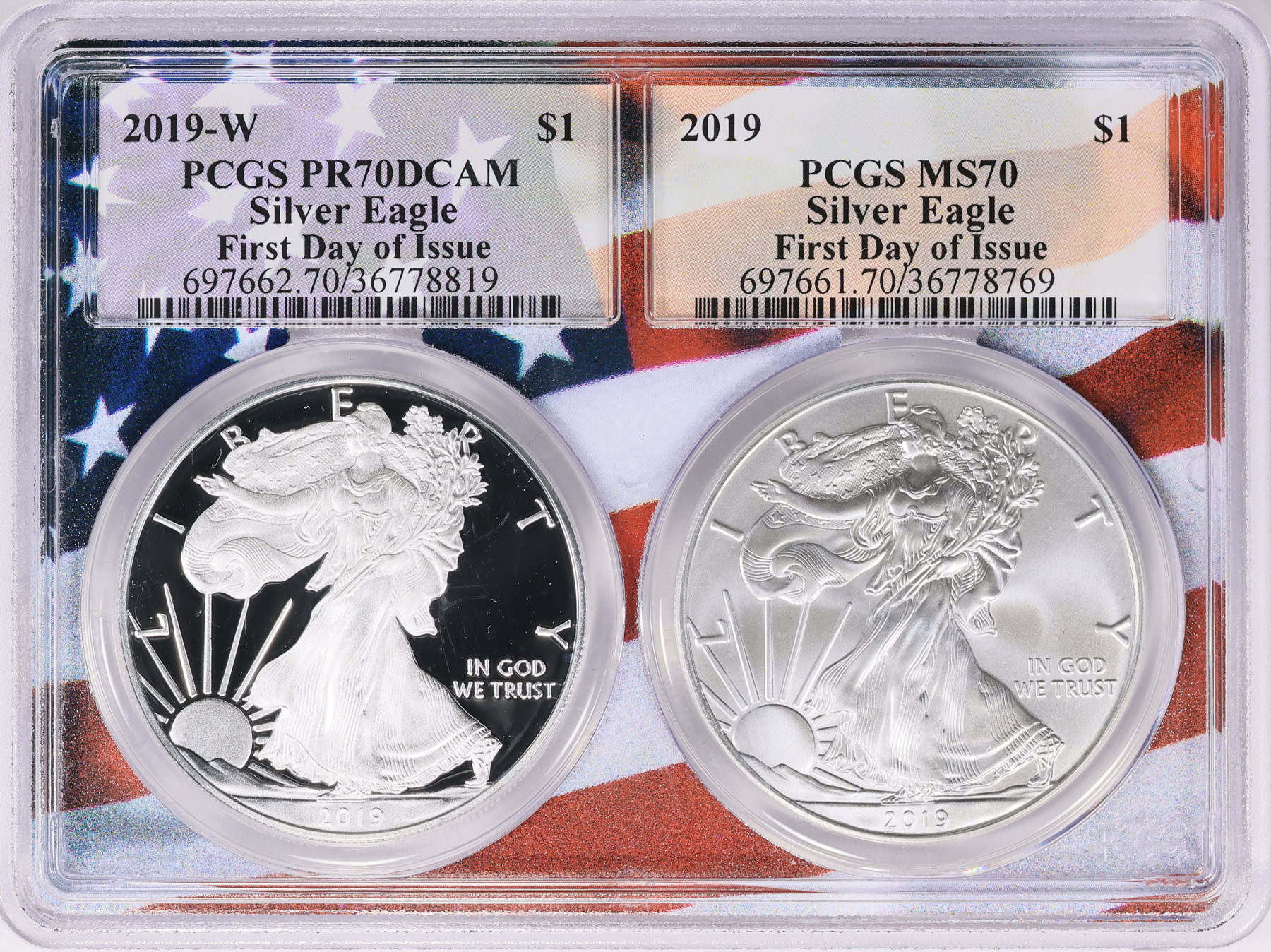 2019 & 2019-W $1 Silver Eagle First Day of Issue PCGS MS-70 & Proof-70 DCAM (2 Coins, Picture ...