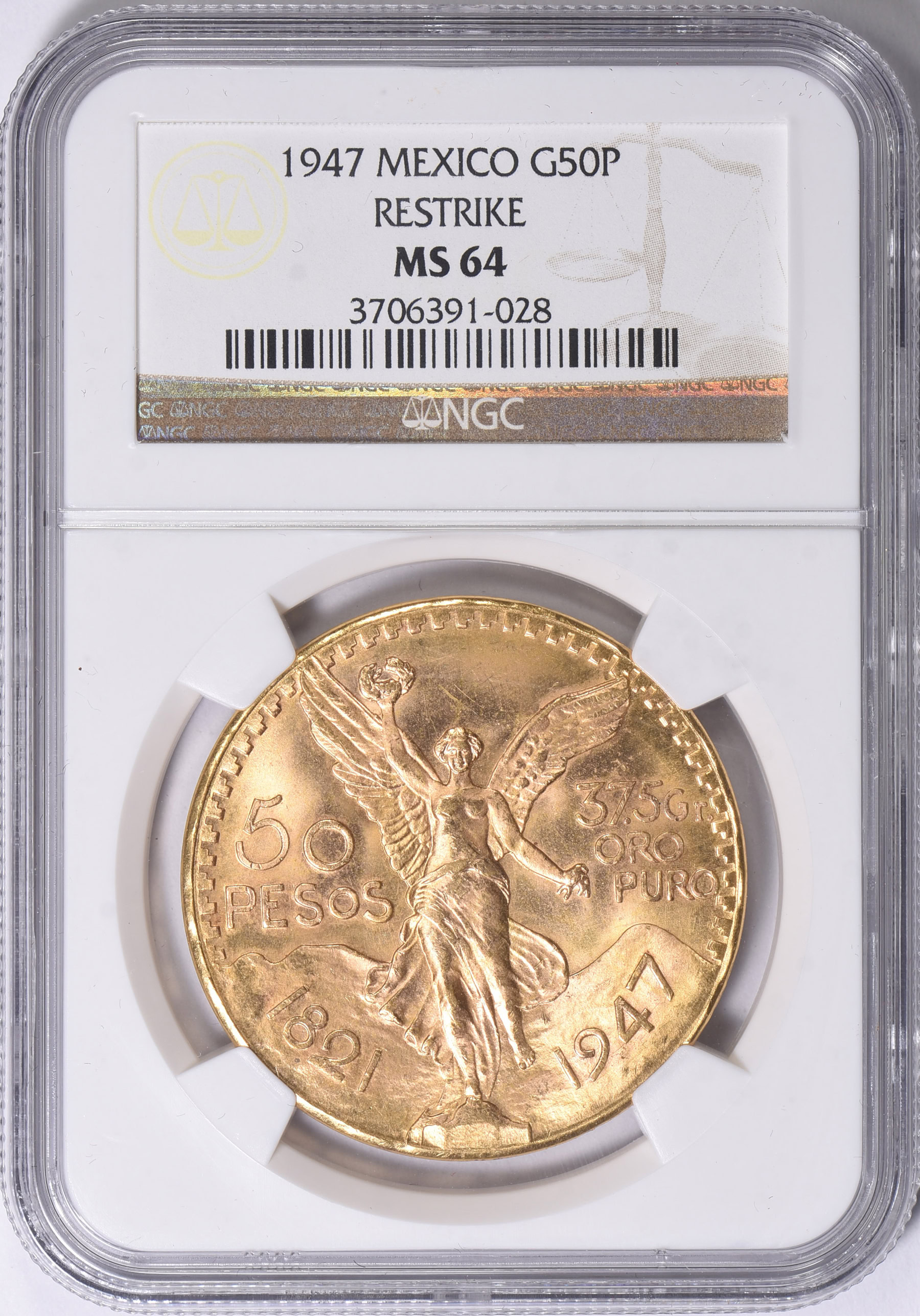 Mexico 1947 Gold 50 Pesos Restrike KM-481 NGC MS-64 (AGW = 1.2057 Oz ...