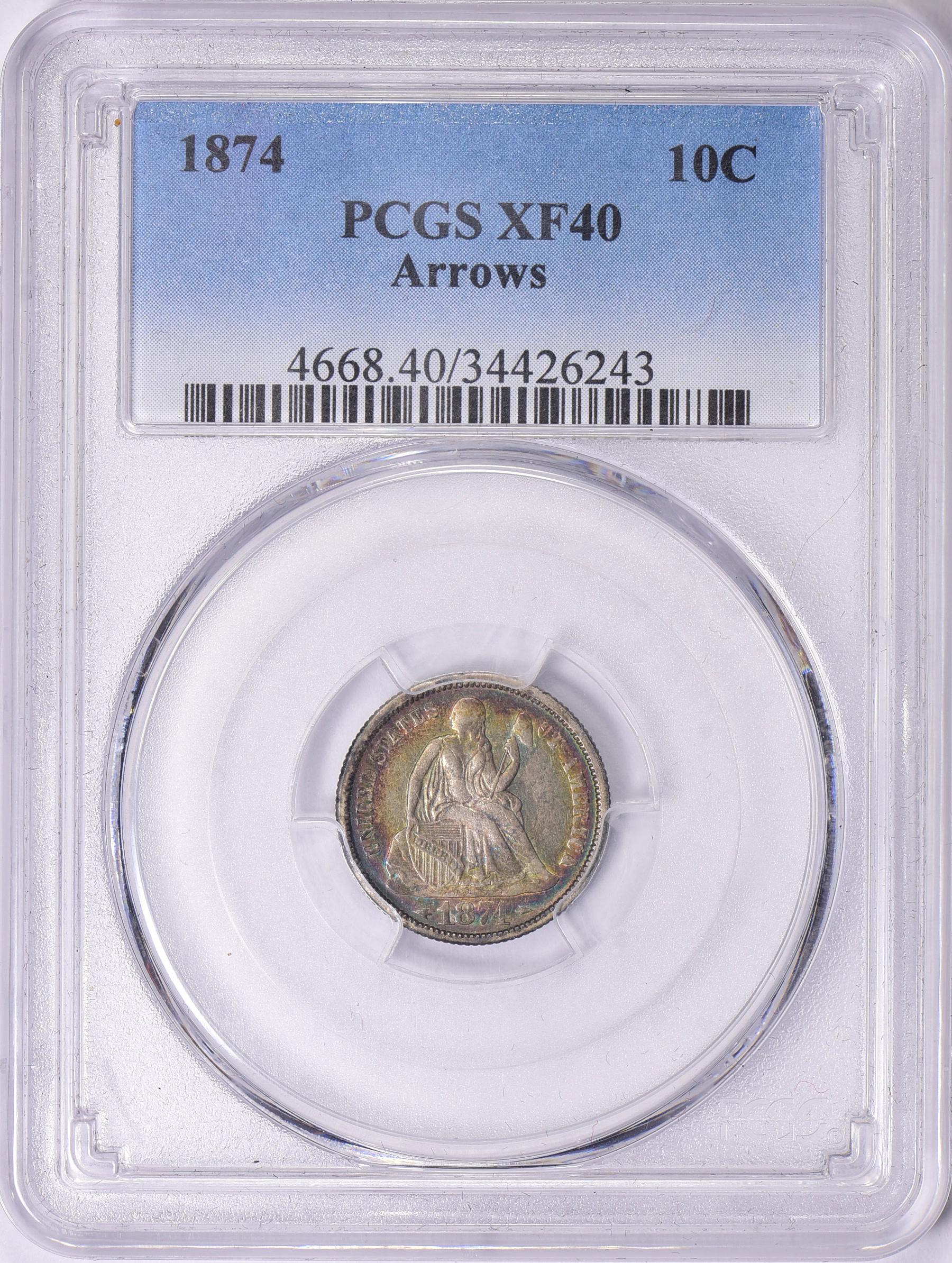 1874 Seated Liberty Dime Arrows PCGS XF-40 (Toned) (Item 1760232) | GreatCollections Coin Auctions