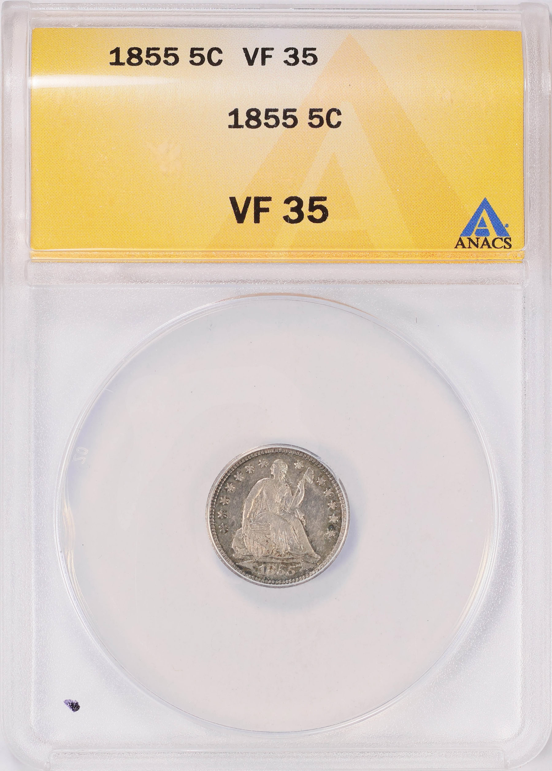1855 Seated Liberty Half Dime Arrows ANACS VF-35 (Item 1760240) | GreatCollections Coin Auctions