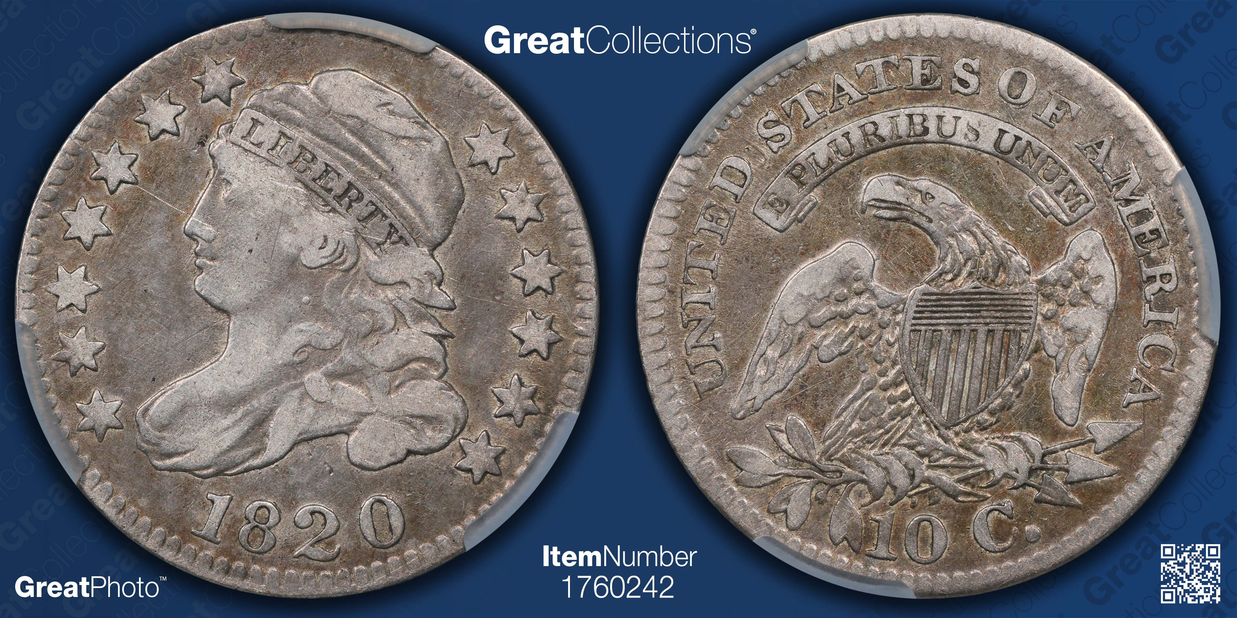 1820 Capped Bust Dime Small 0 CACG VF Details (Item 1760242 ...