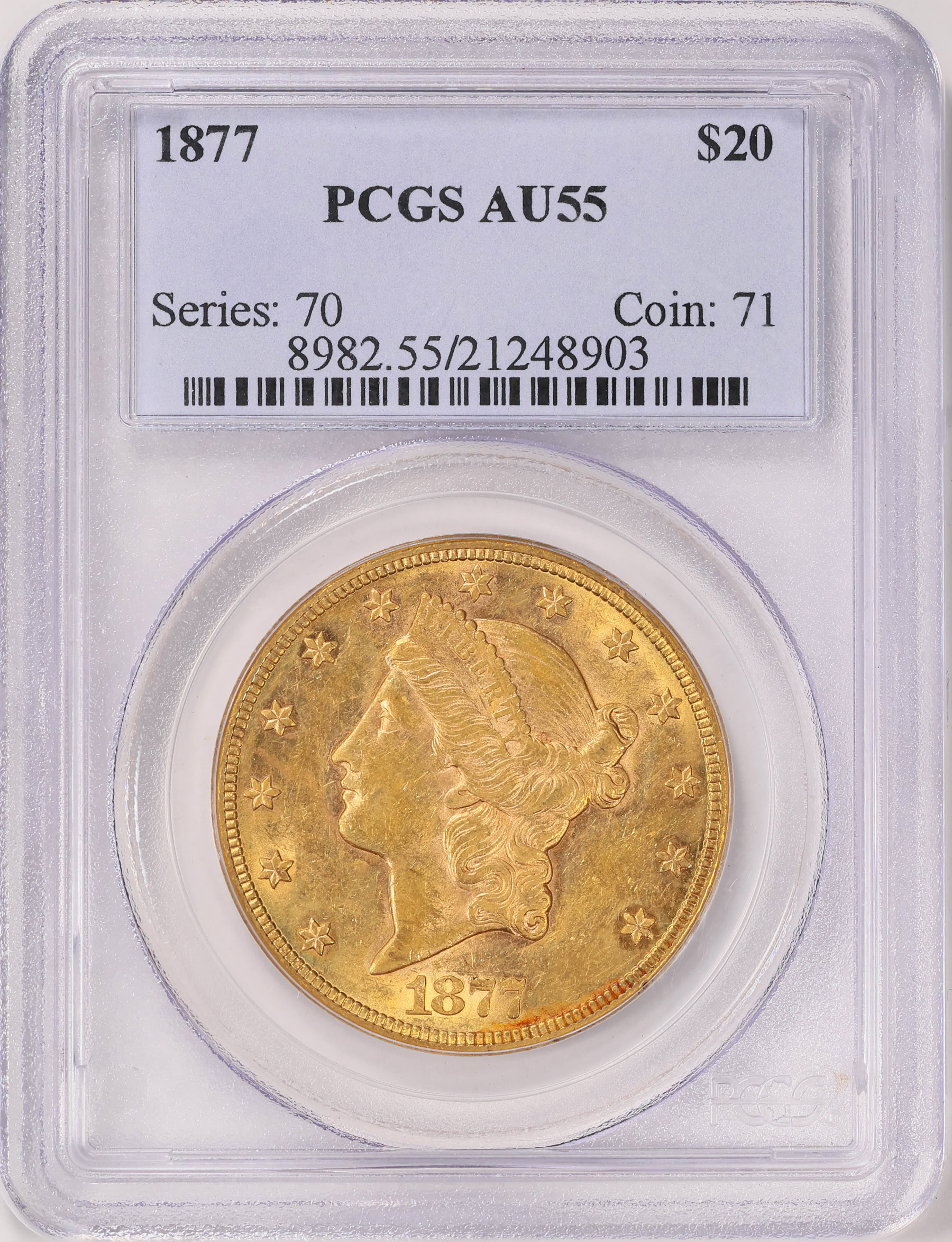 1877 Liberty Gold Double Eagle PCGS AU-55 (Item 1760351) | GreatCollections Coin Auctions